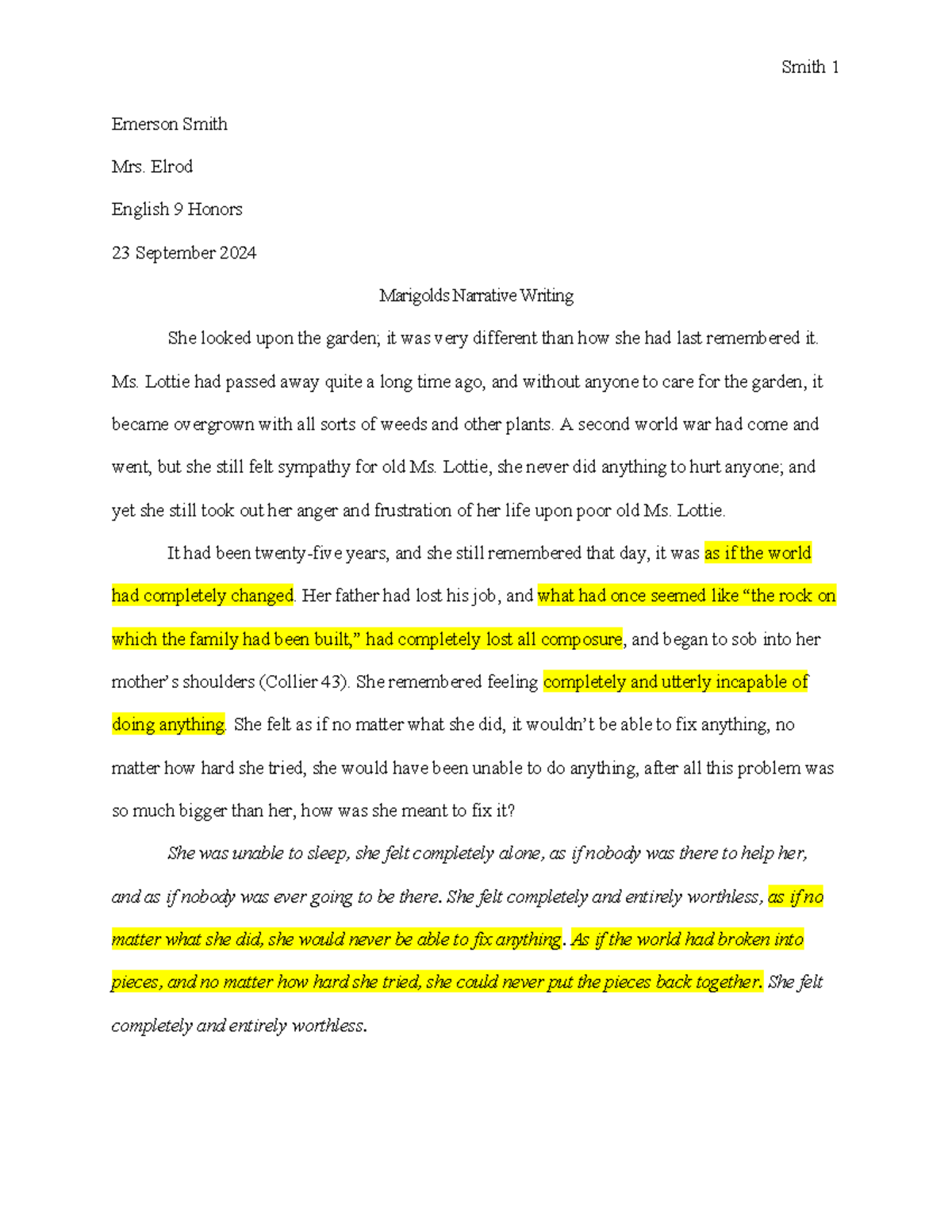 Narrative Writing Marigolds - Smith 1 Emerson Smith Mrs. Elrod English ...
