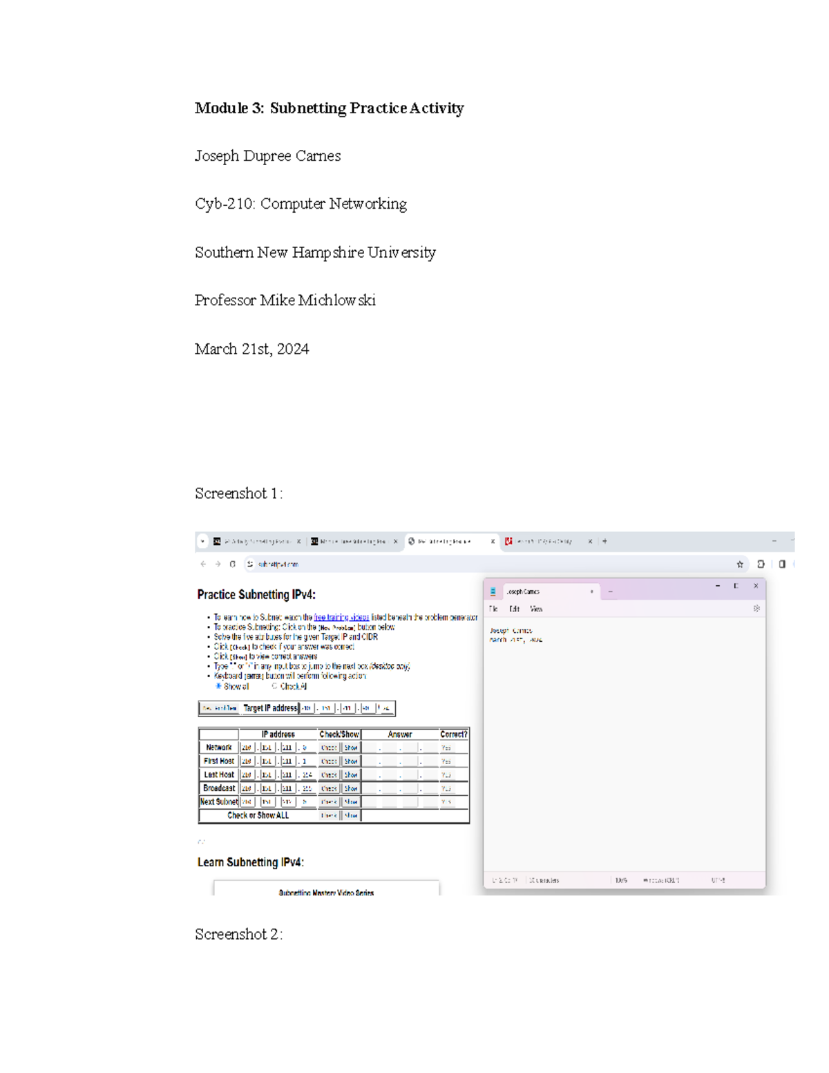 Cyb 210 Module 3subnetting Practice Joseph Cyb210 Module 3 Subnetting Practice Activity 