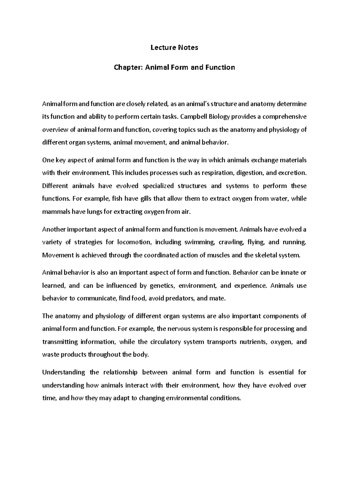 Lecture Notes: Animal Form and Function Overview (Bio 101) - Studocu