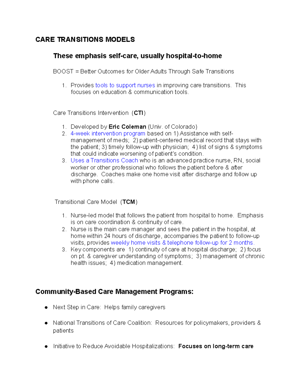 CARE Transitions Models - CARE TRANSITIONS MODELS These emphasis self ...