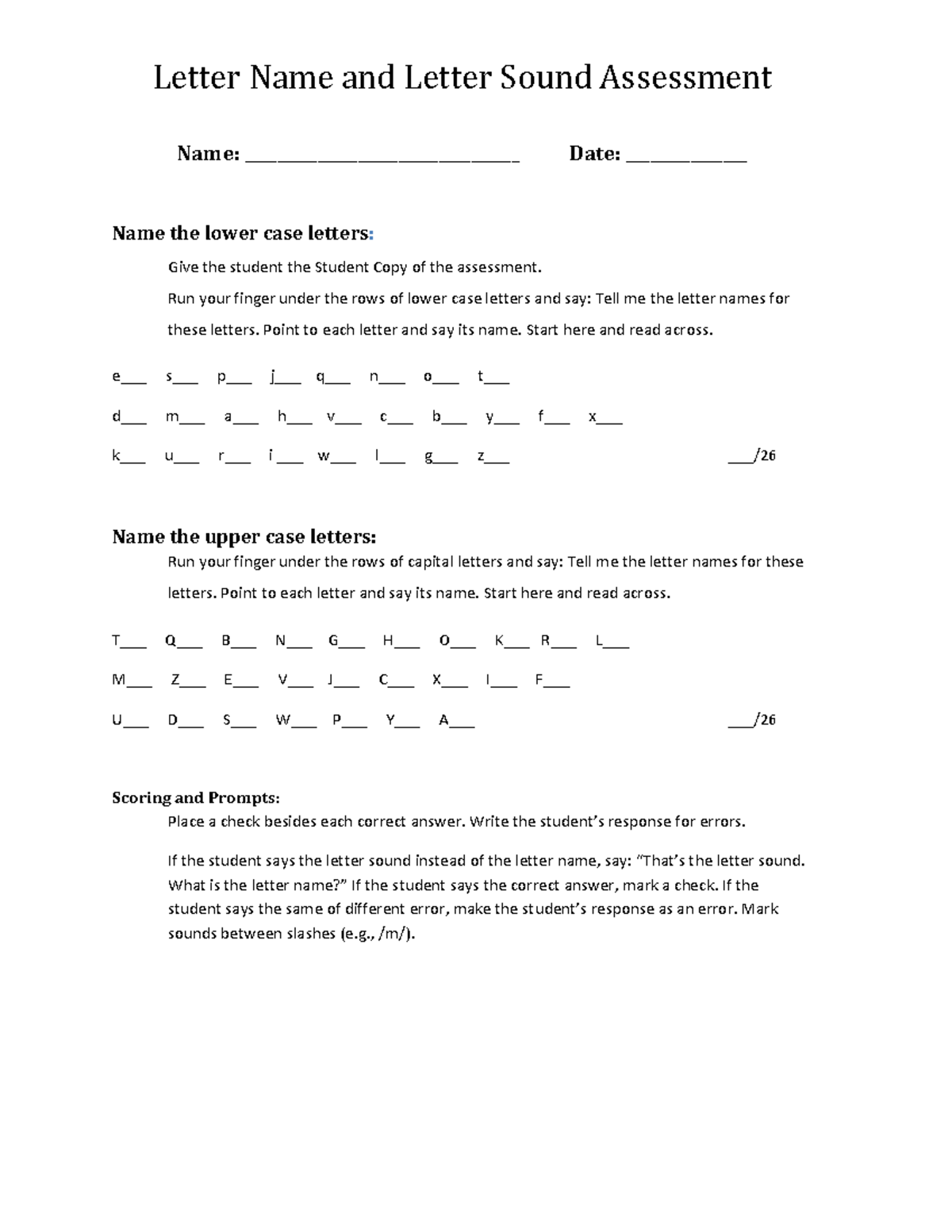 Assessment letter sound - Letter Name and Letter Sound Assessment Name ...
