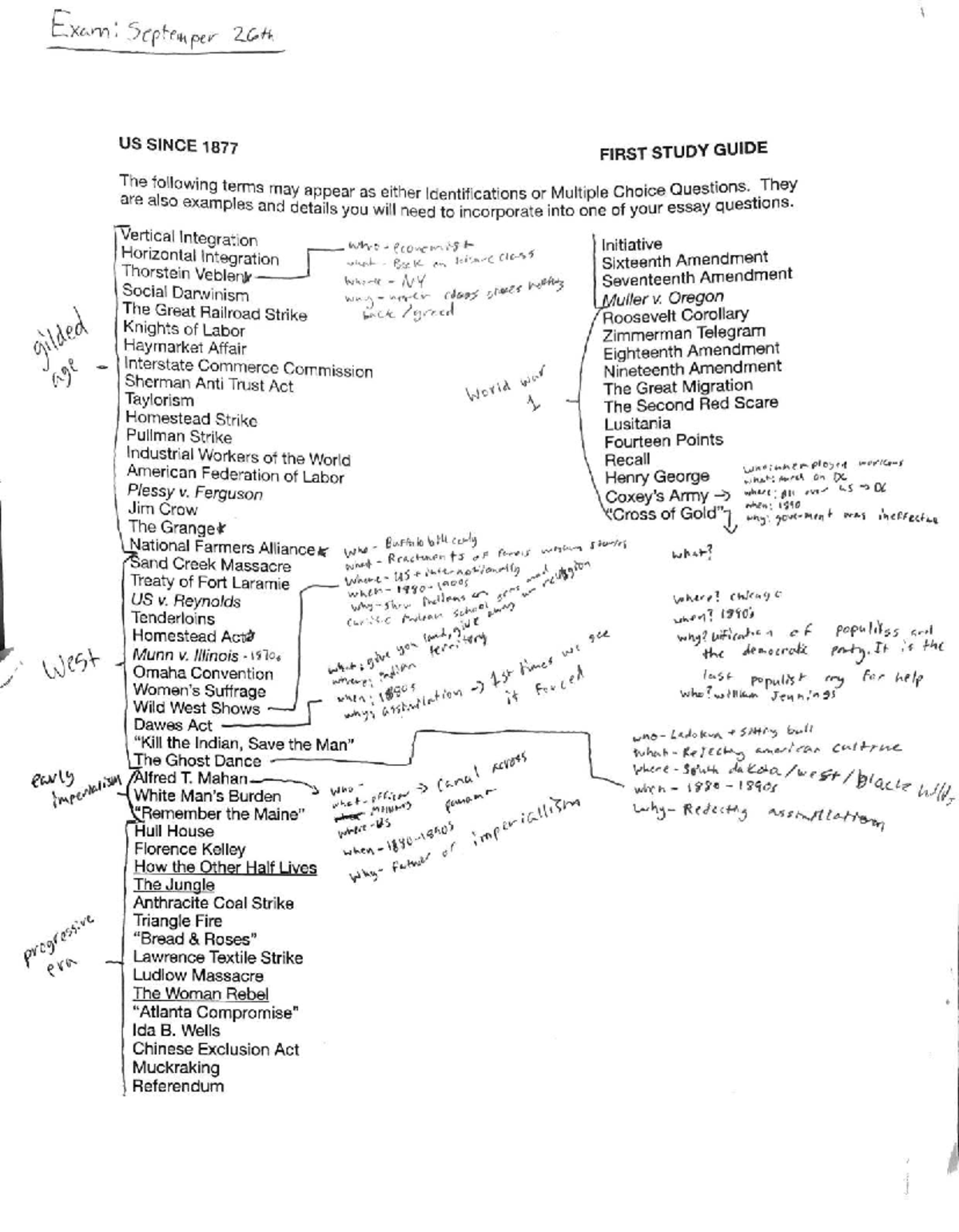 US History Since 1877: Study Guide for Exam on Sept 26th - Studocu