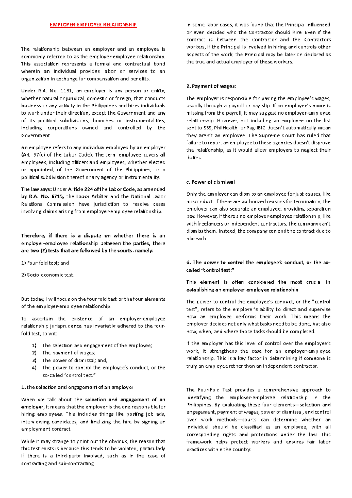 Employer-Employee Relationship: The Four-Fold Test in LAW 101 - Studocu