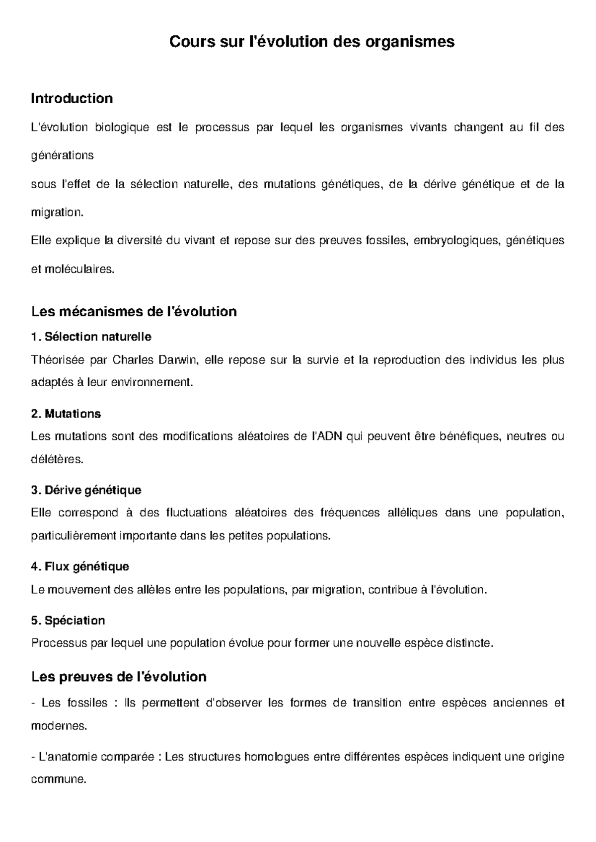 Cours Evolution Organismes - Cours sur l'évolution des organismes ...