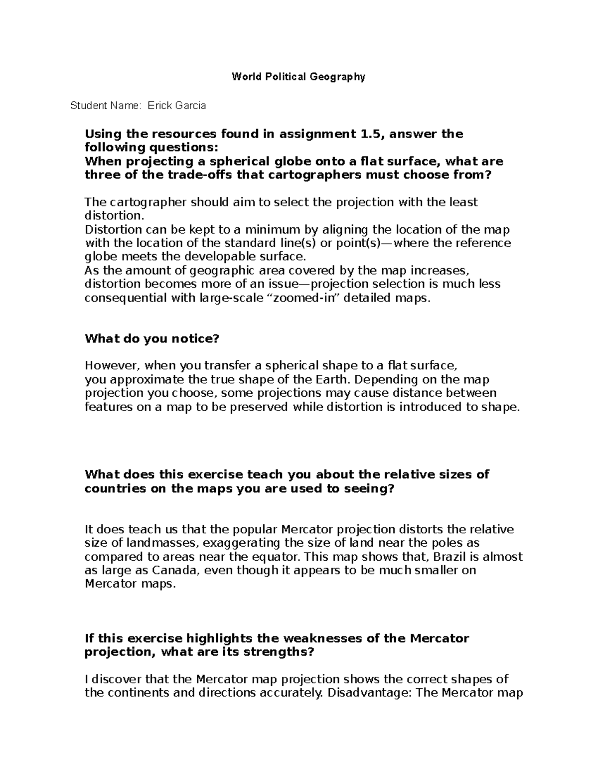 Understanding Maps Questions - World Political Geography Student Name ...