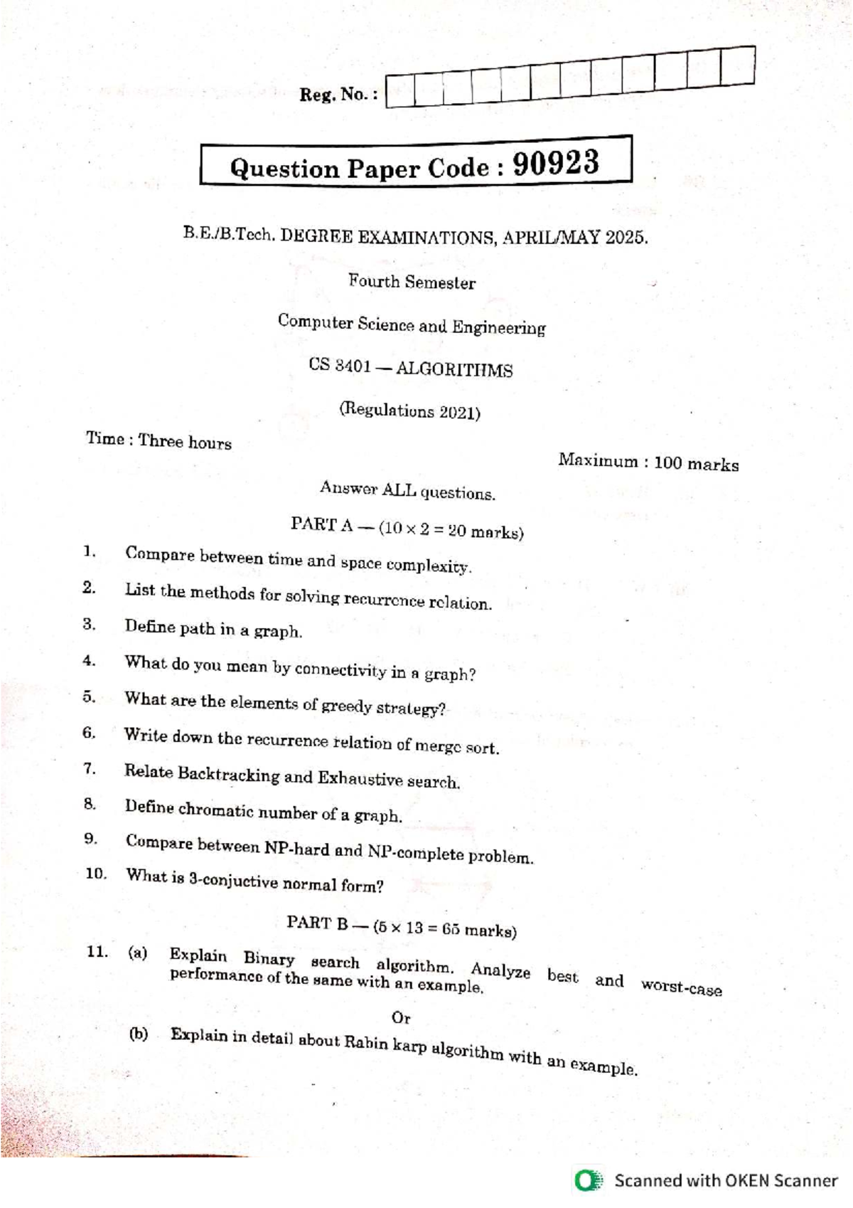 CS 3401 Algorithms - Question Paper for 4th Sem Exam 2025 - Studocu