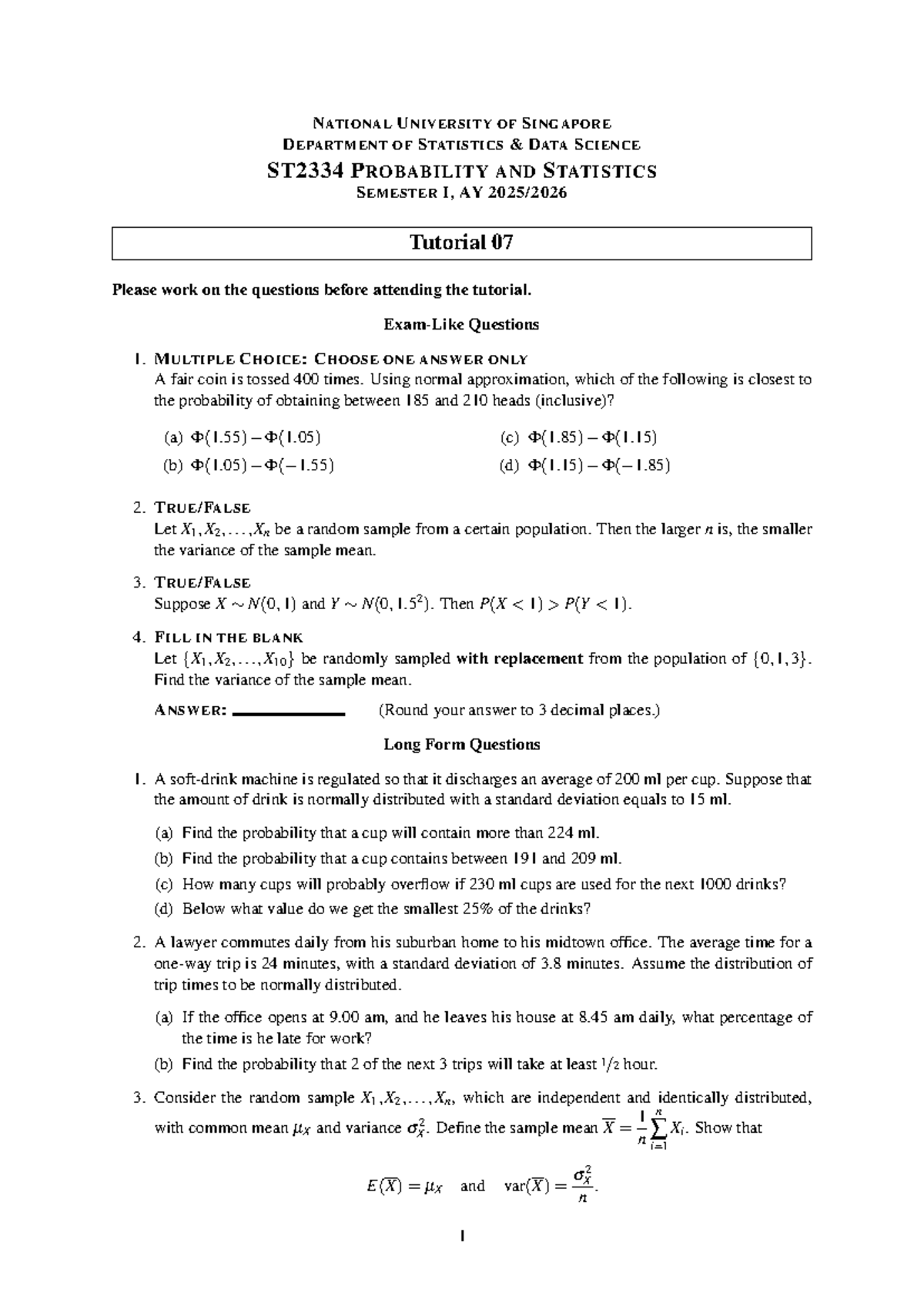 ST2334 Tutorial 07: Probability & Statistics Practice Materials - Studocu