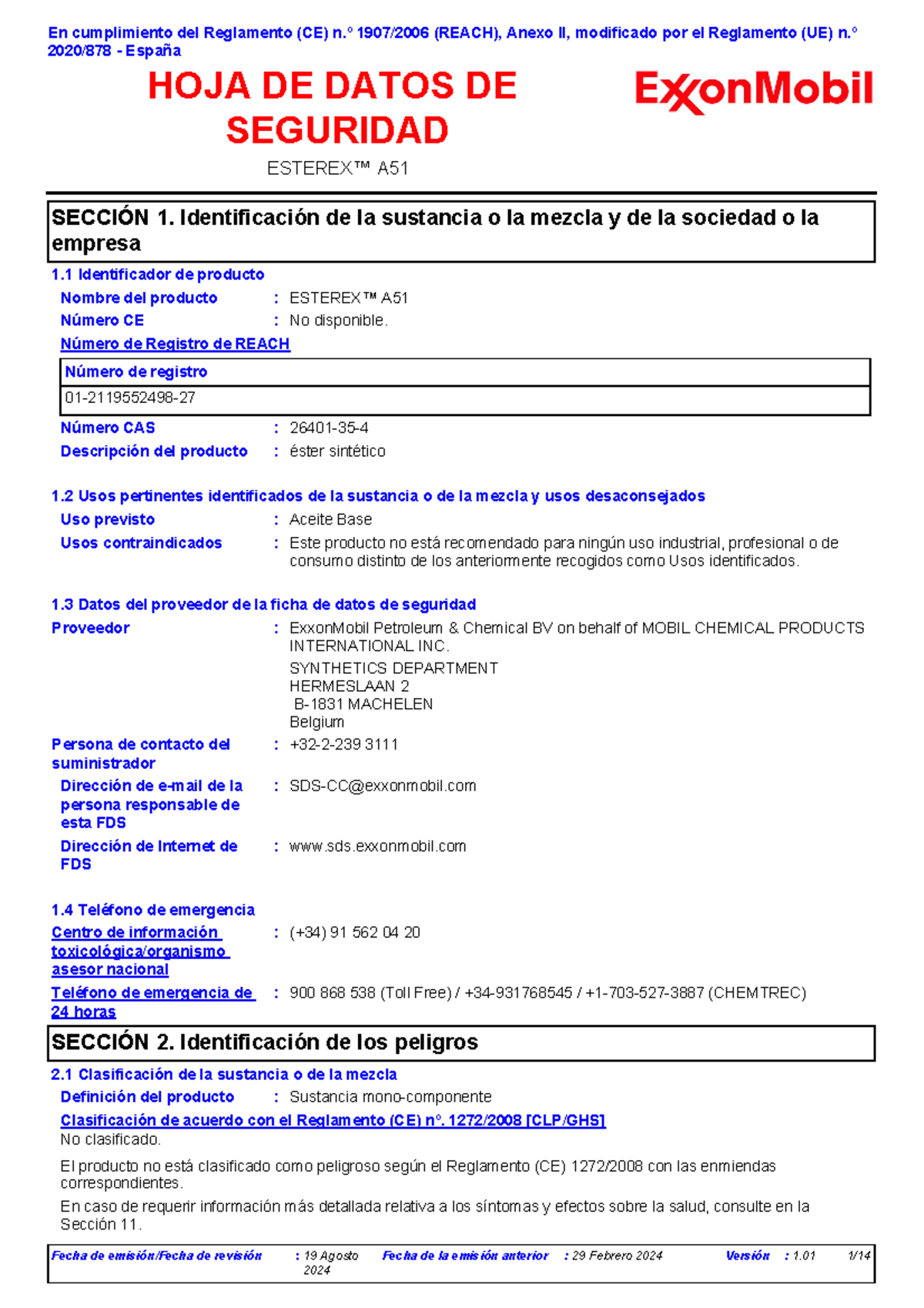 HOJA DE DATOS DE SEGURIDAD ESTEREX™ A51 - FDS 2024 - Studocu