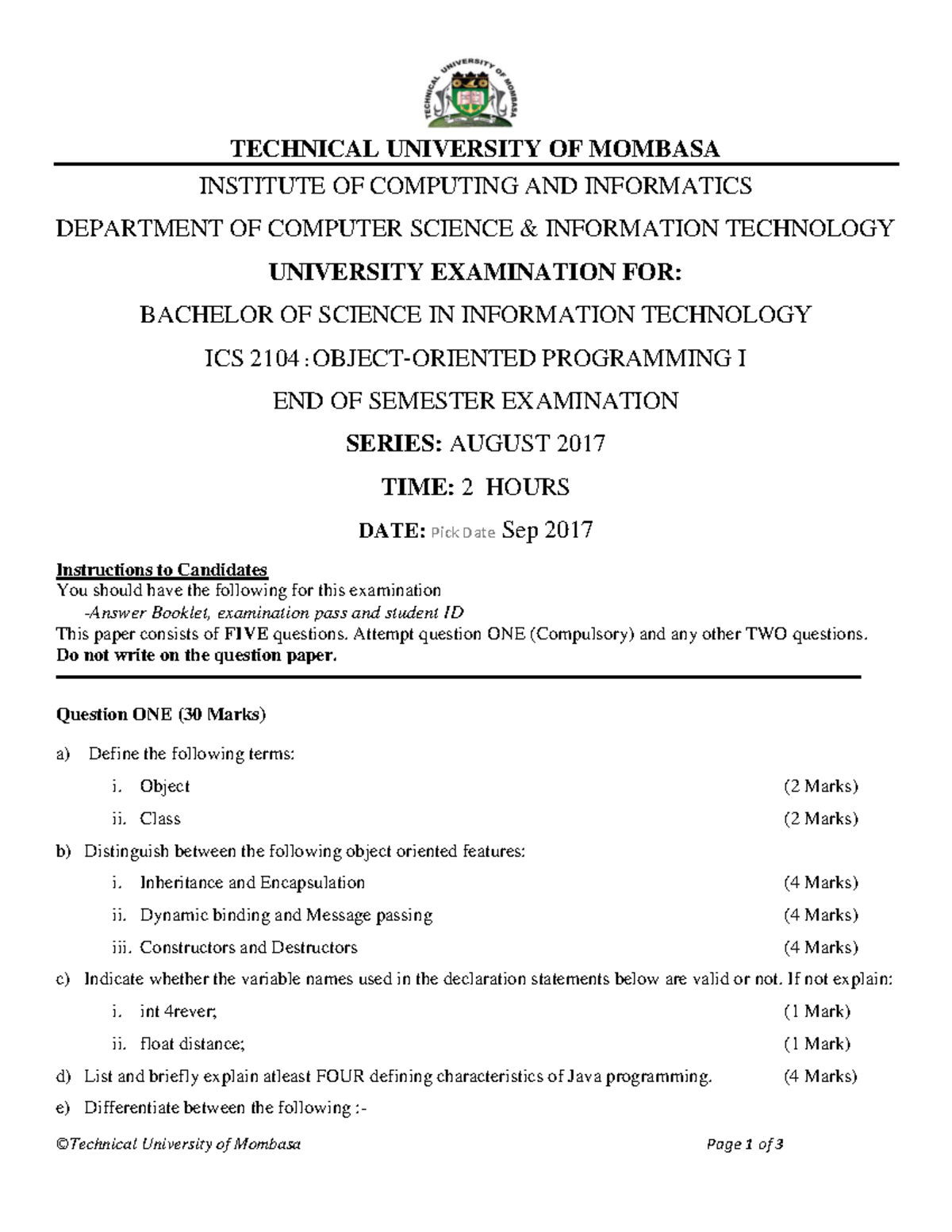 ICS 2104 OOP - Final Exam Paper II, Aug 2017 - Technical University ...