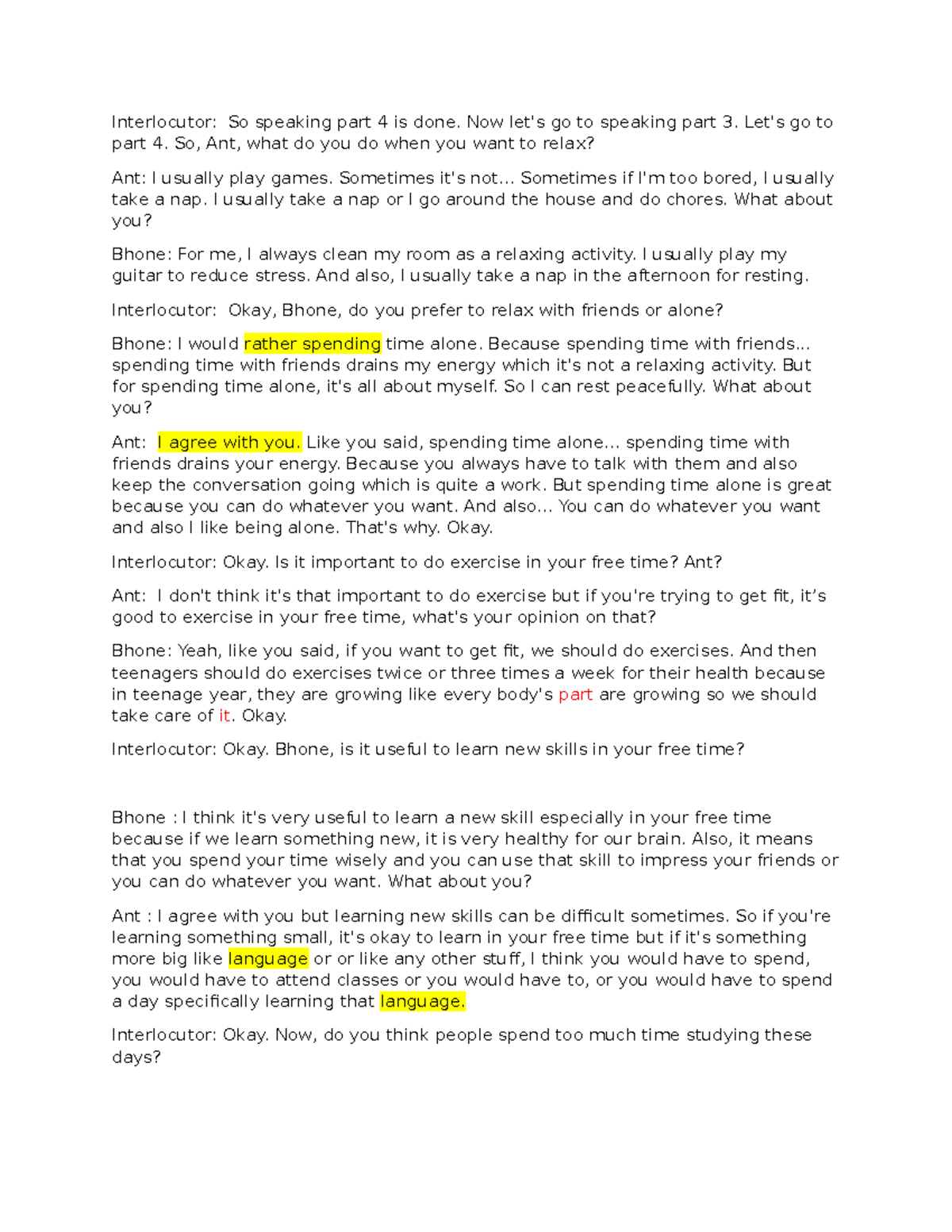 PET Speaking Part 4 Feedback and Improvement Tips - Studocu