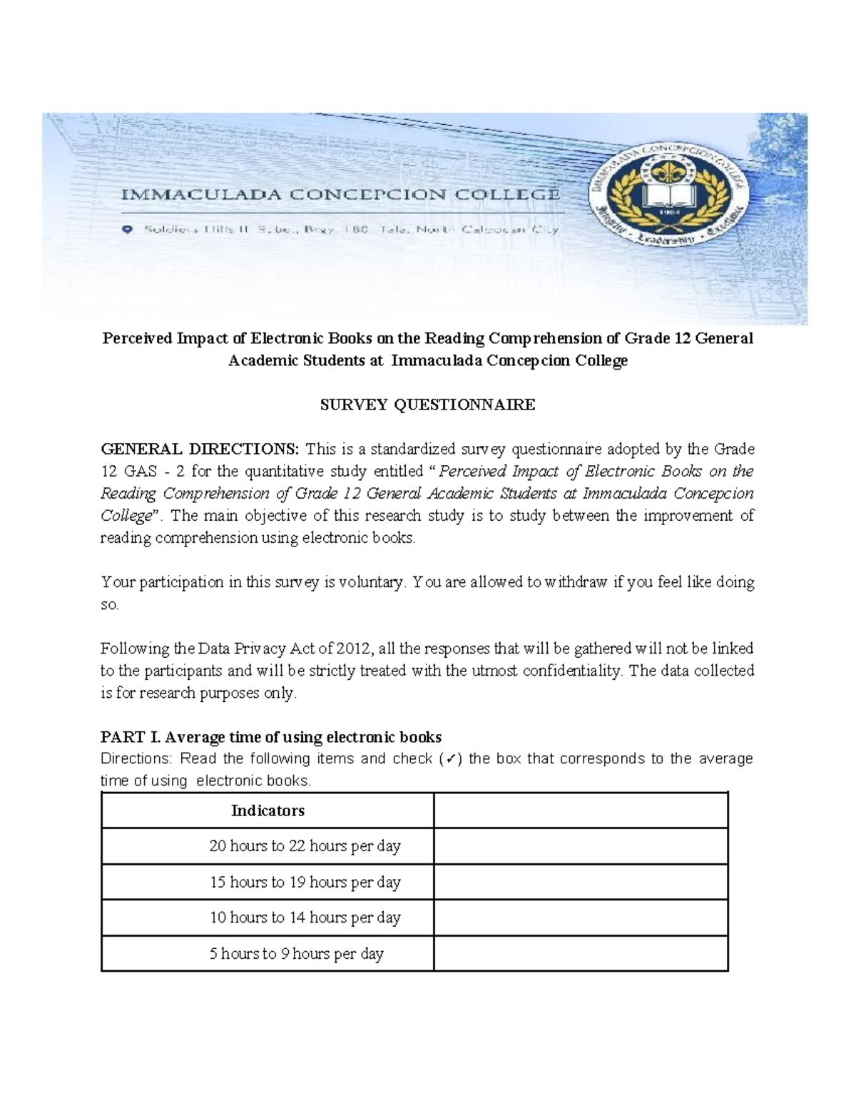 G12 GAS-2 Survey Questionnaire on E-Books & Reading Comprehension - Studocu