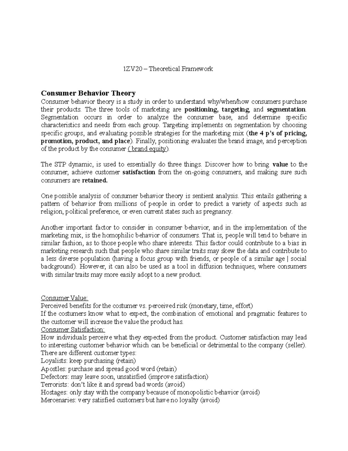 Theoretical Framework of Consumer Behavior - 1ZV20 Class Notes ...