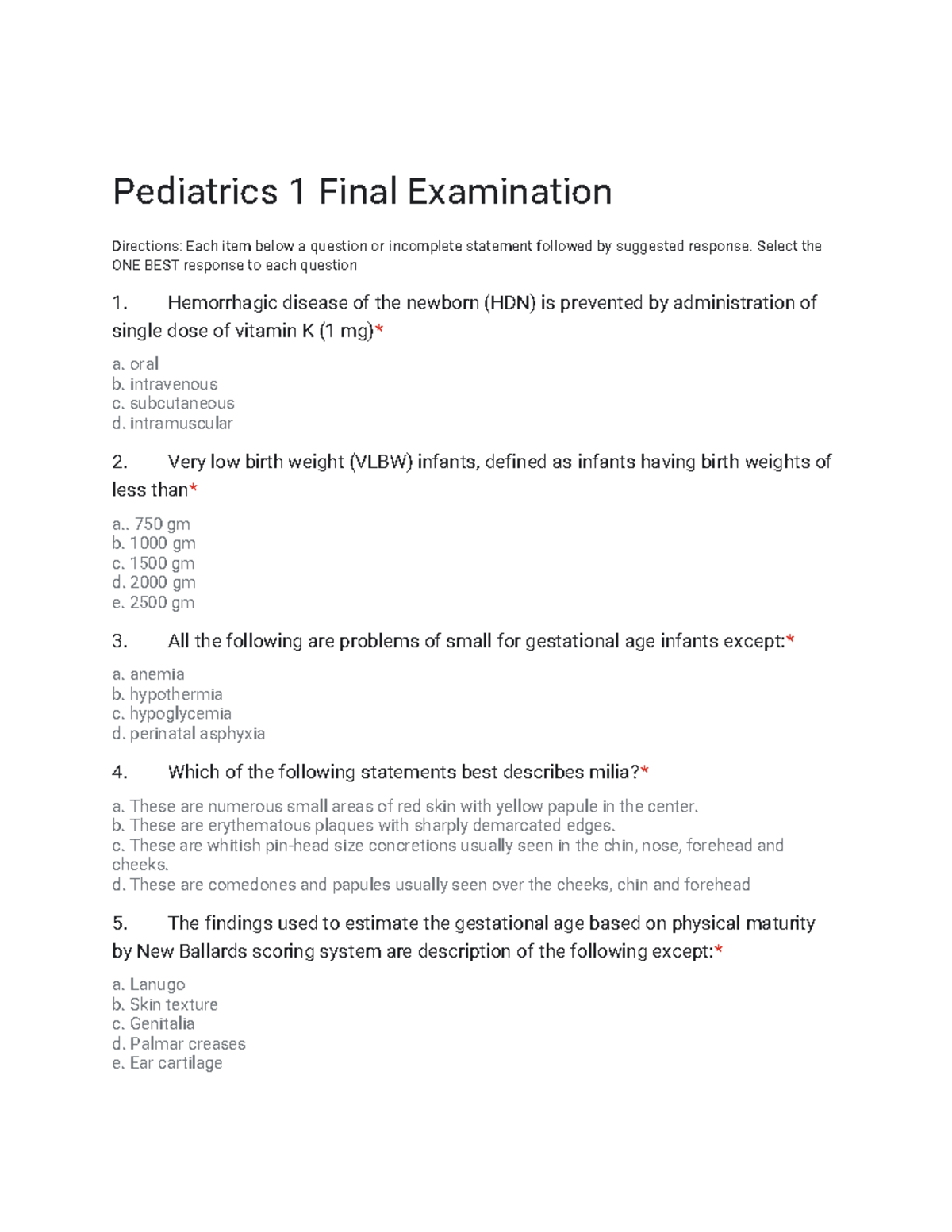 Pediatrics 1 Final Exam Questions and Answers Guide - Studocu