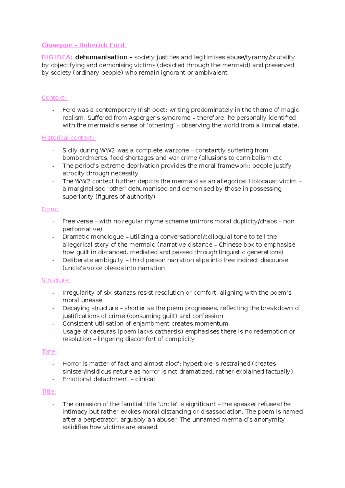 Poetry Revision Notes: Exploring Dehumanisation and Identity in ...