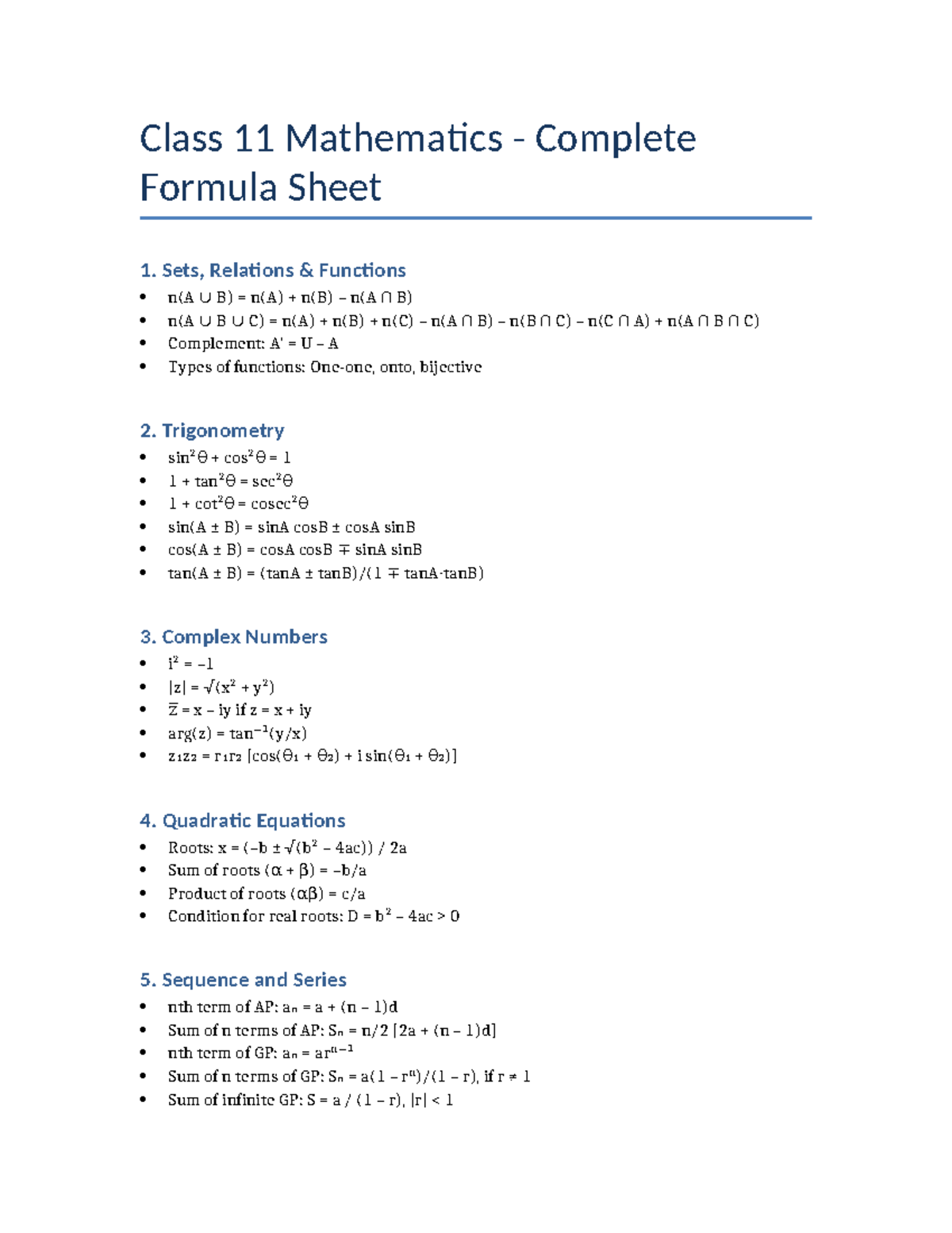 Class 11 Maths Final Formula Sheet: Sets, Trigonometry & More - Studocu