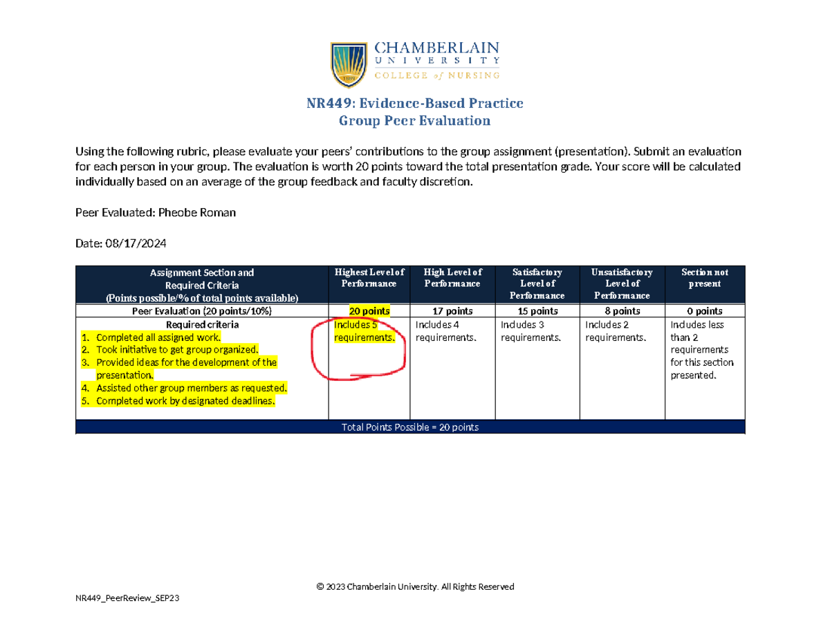NR449 Peer Review Notes - Group Evaluation Rubric Guide - Studocu