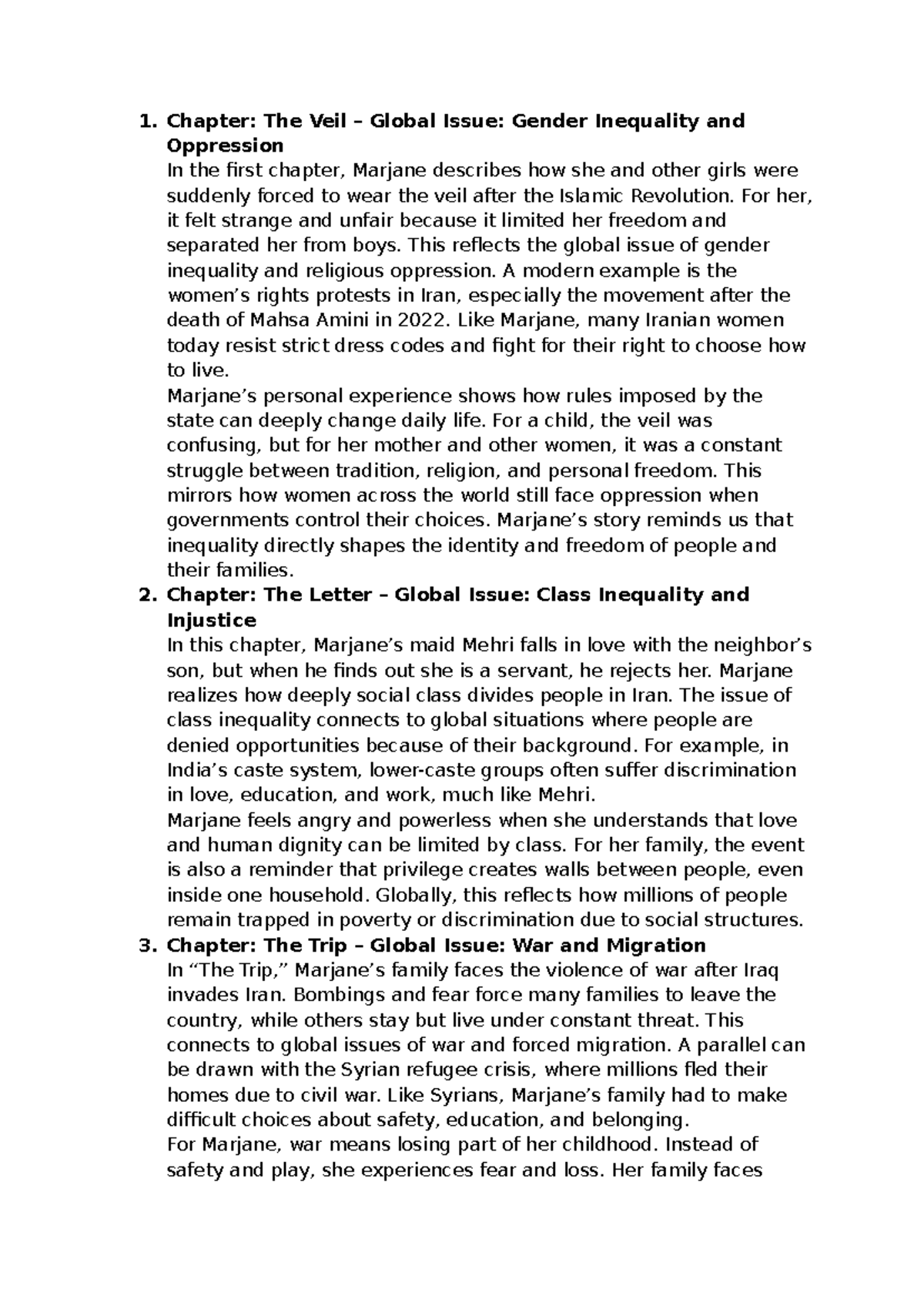 Analysis of Global Issues in Persepolis: Gender, Class, and War ...
