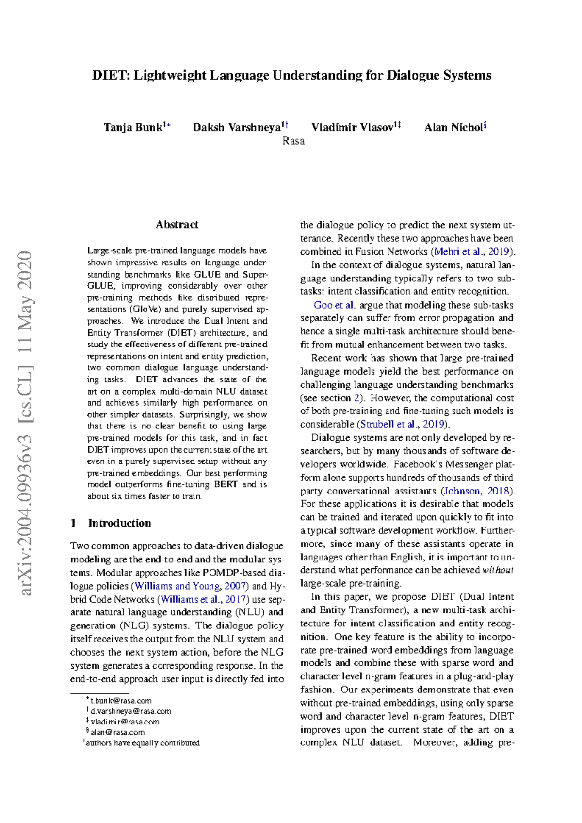 DIET: Lightweight Language Understanding for Dialogue Systems (arXiv ...