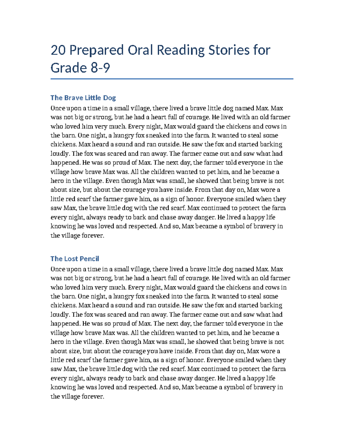 Oral Prepared Reading Stories for Grade 8-9: Max the Brave Little Dog ...