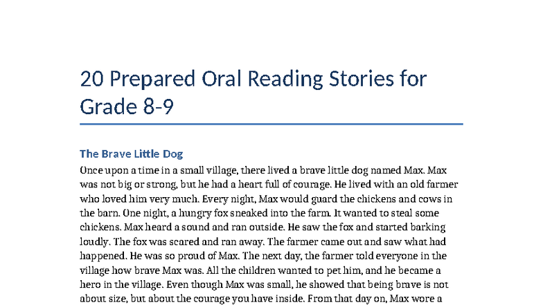 Oral Prepared Reading Stories for Grade 8-9: Max the Brave Little Dog ...
