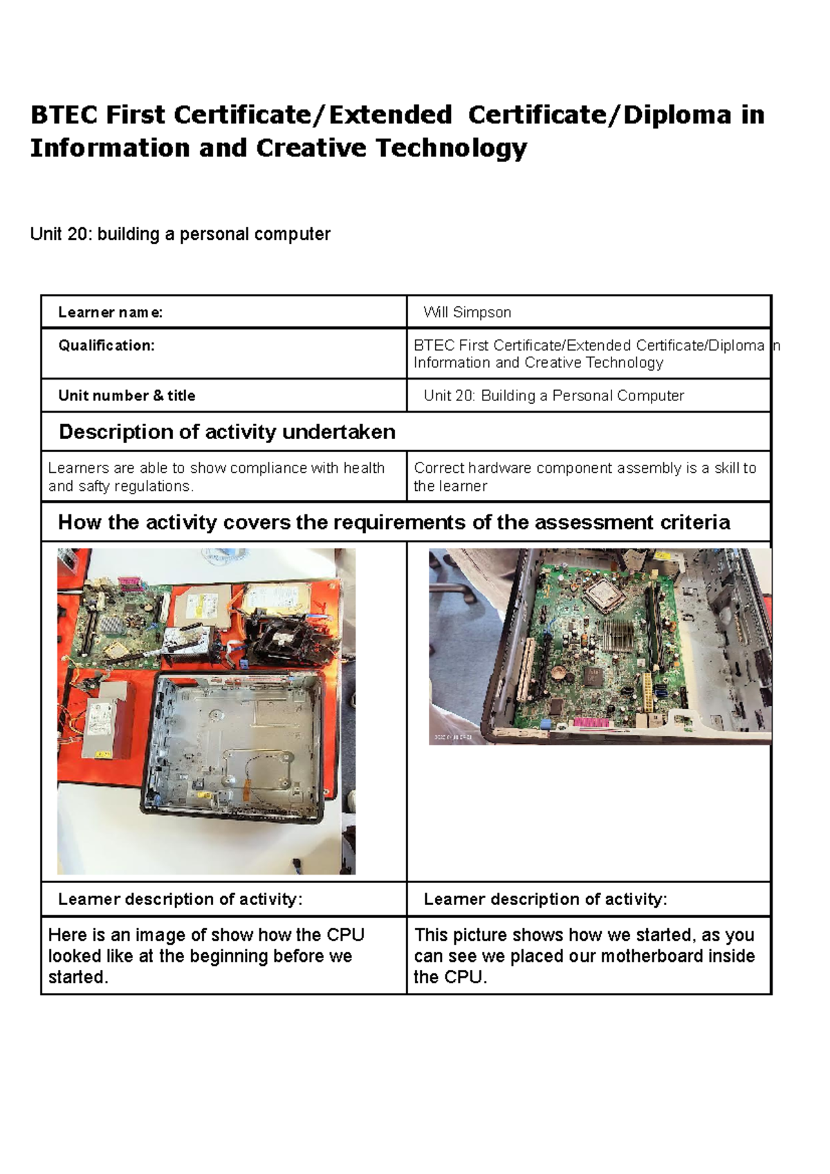 Unit 20: Building a Personal Computer - Assembly & Installation Guide - Studocu
