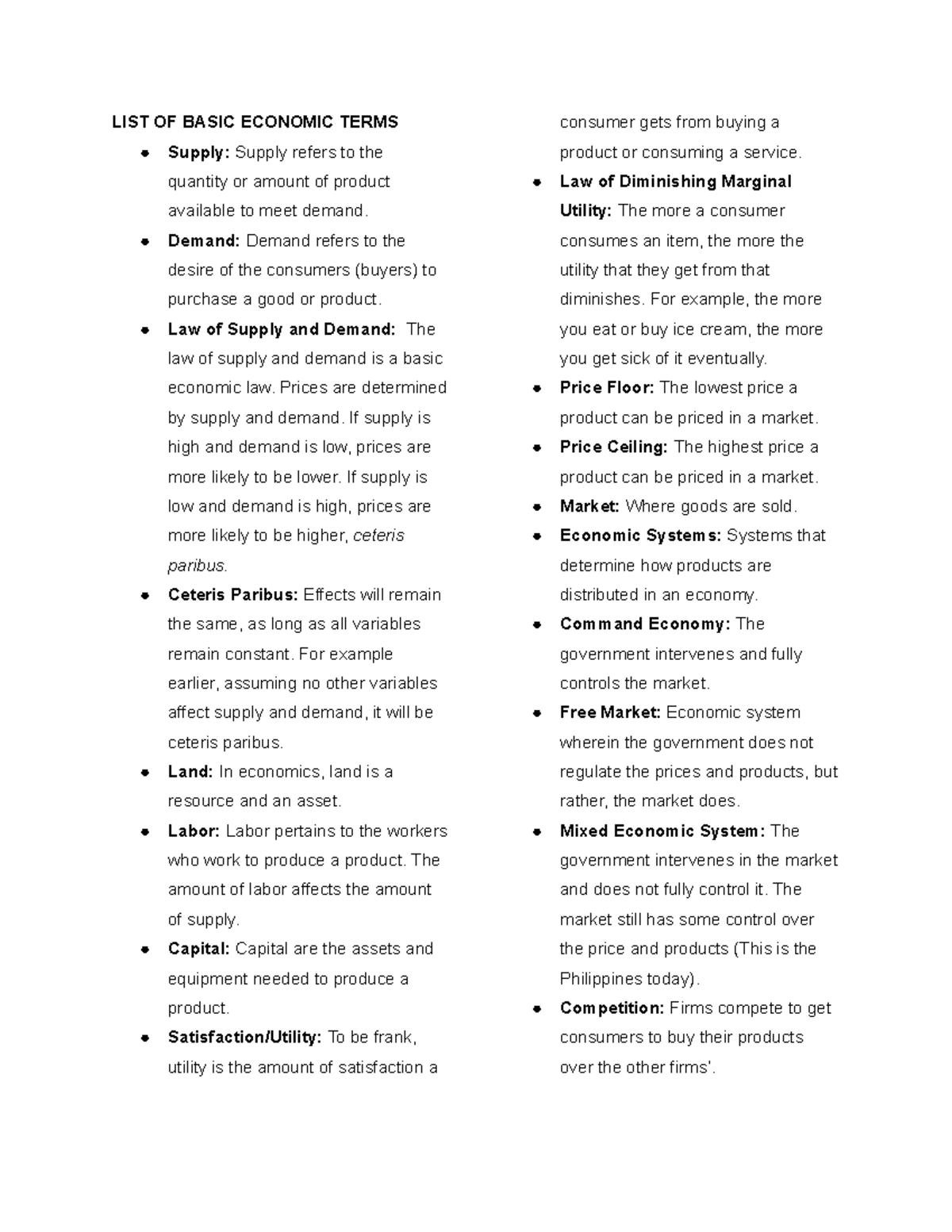 Basic Economic Terms - LIST OF BASIC ECONOMIC TERMS Supply: Supply ...