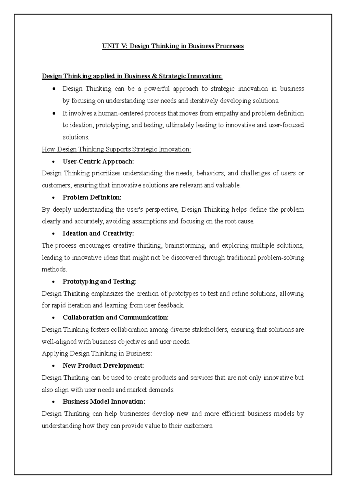UNIT V DTI: Design Thinking & Innovation in Business Processes - Studocu