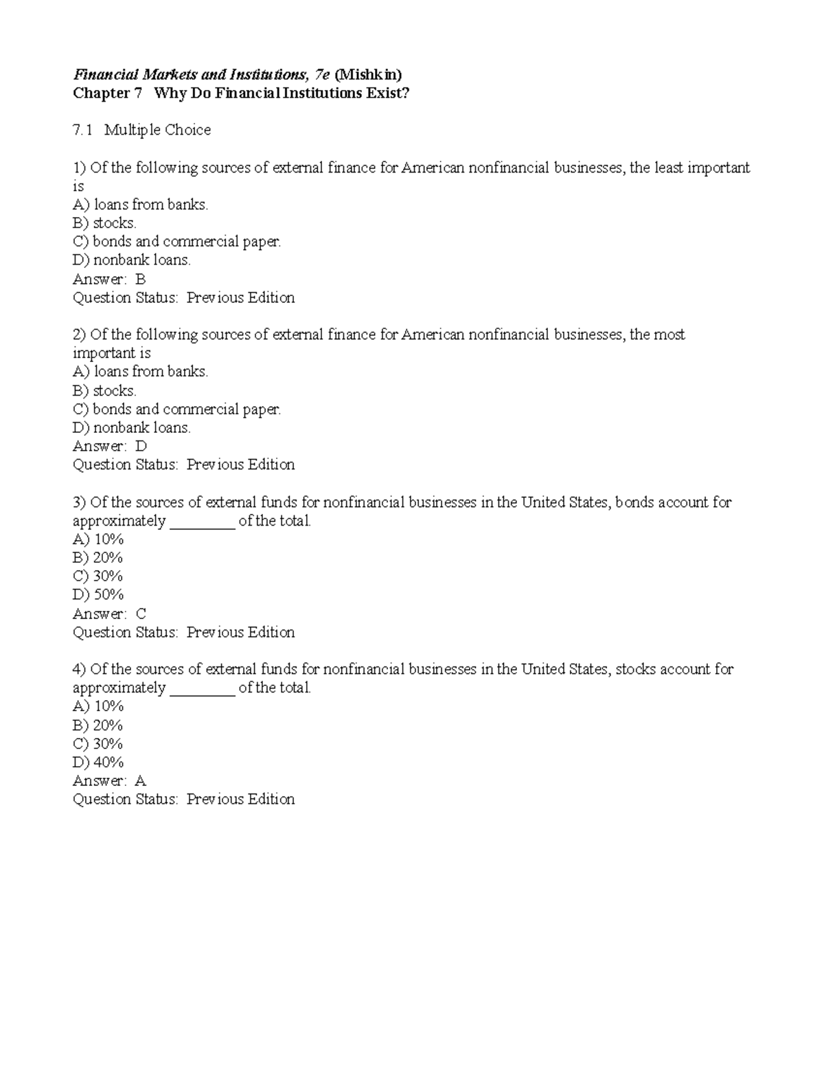 Chapter 7 - Key Practice Questions on Financial Institutions - Studocu