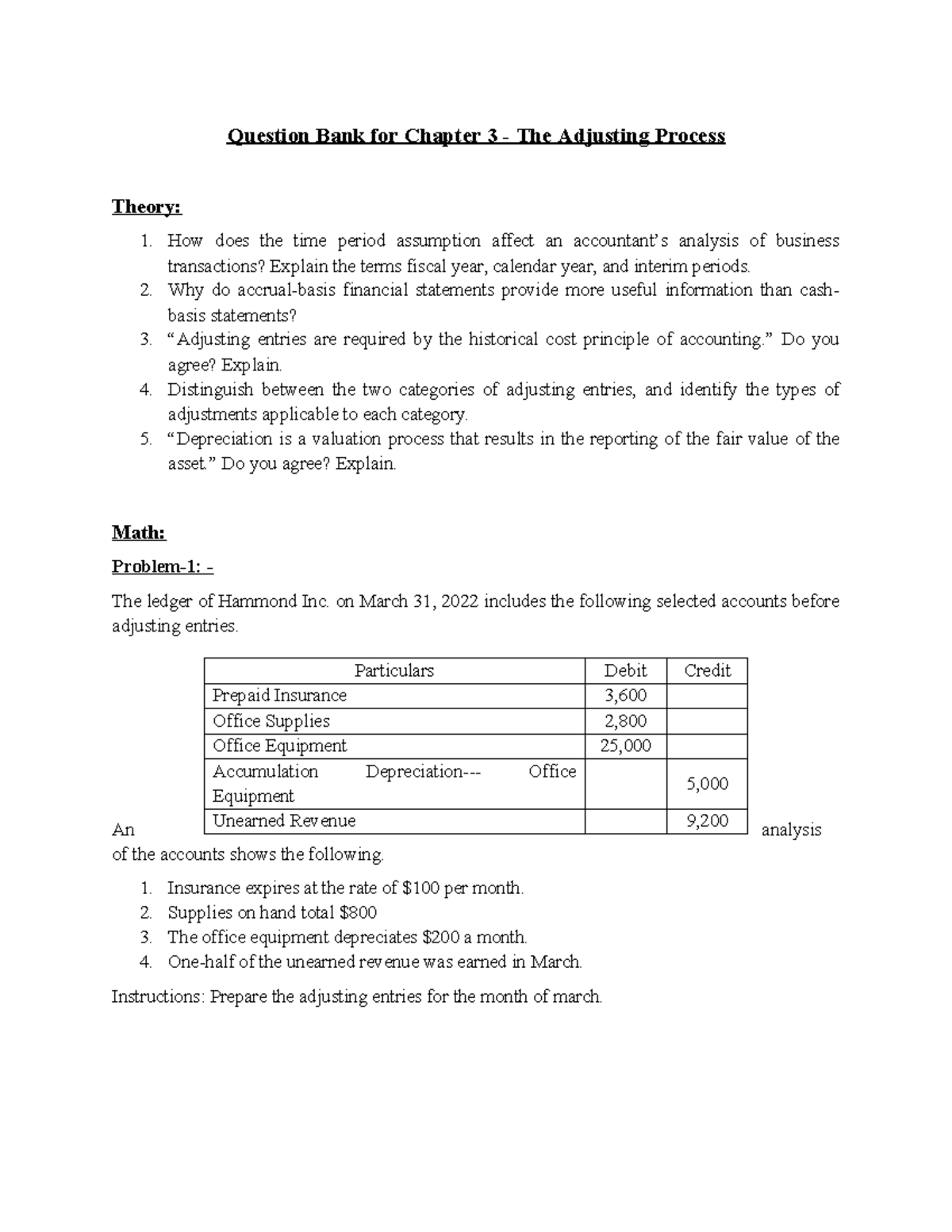 Question Bank for Chapter 3 - Adjusting Process (ACC 101) - Studocu