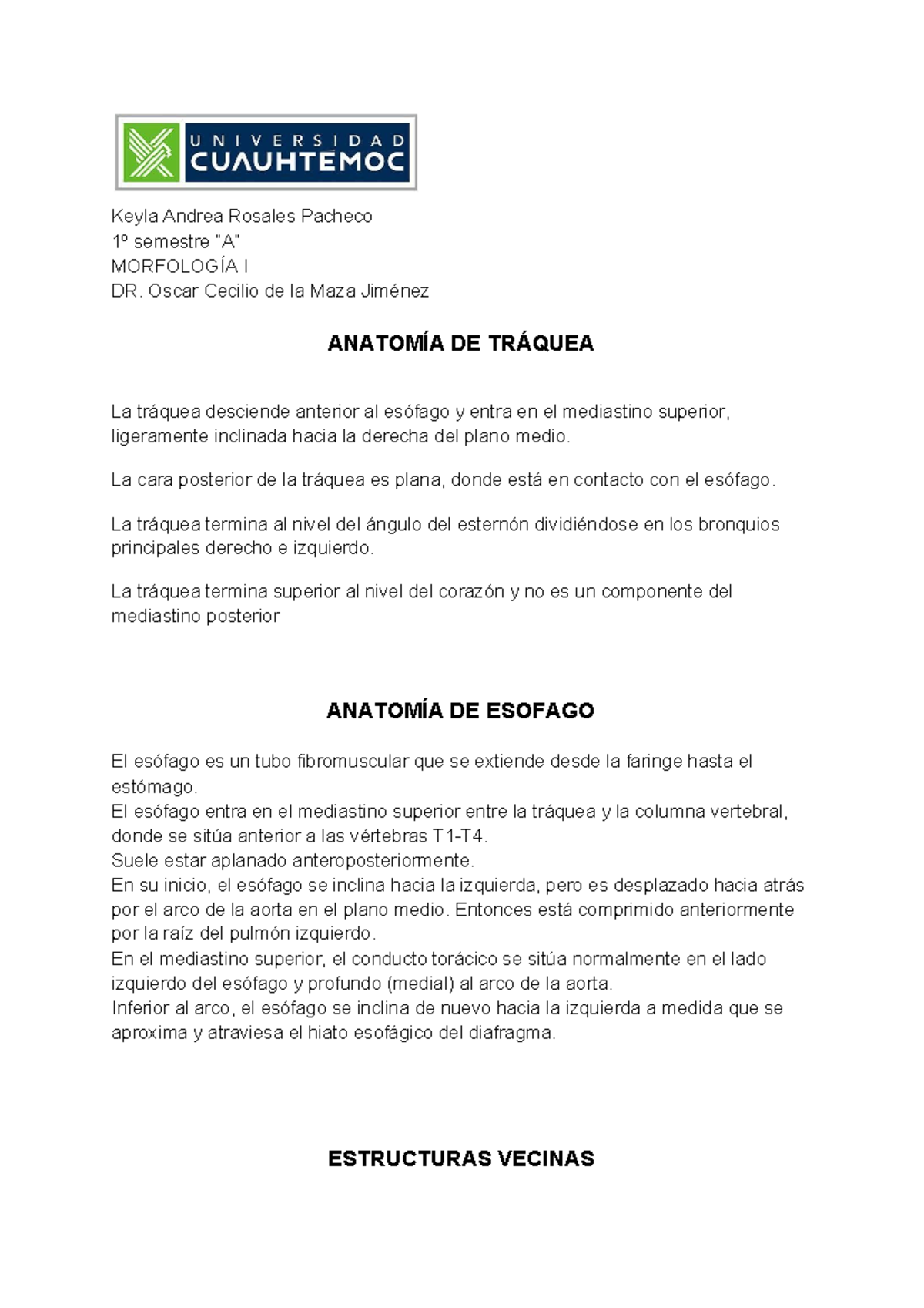 Anatomia DE Traquea, Esofago, Estructuras Vecinas Y Patologias - Keyla ...