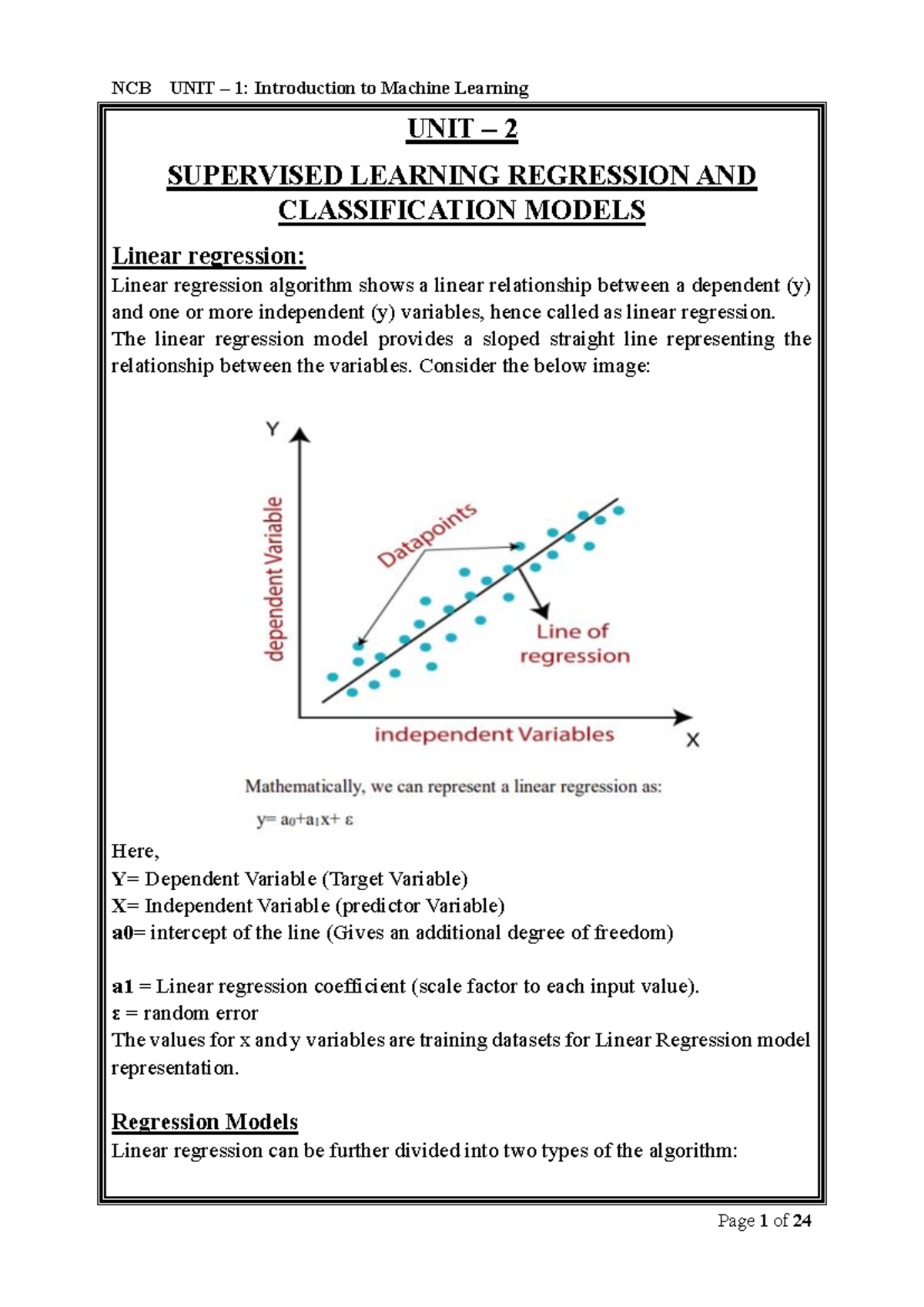 UNIT – 2: Supervised Learning – Regression & Classification Models – 11-04-2024 - Studocu