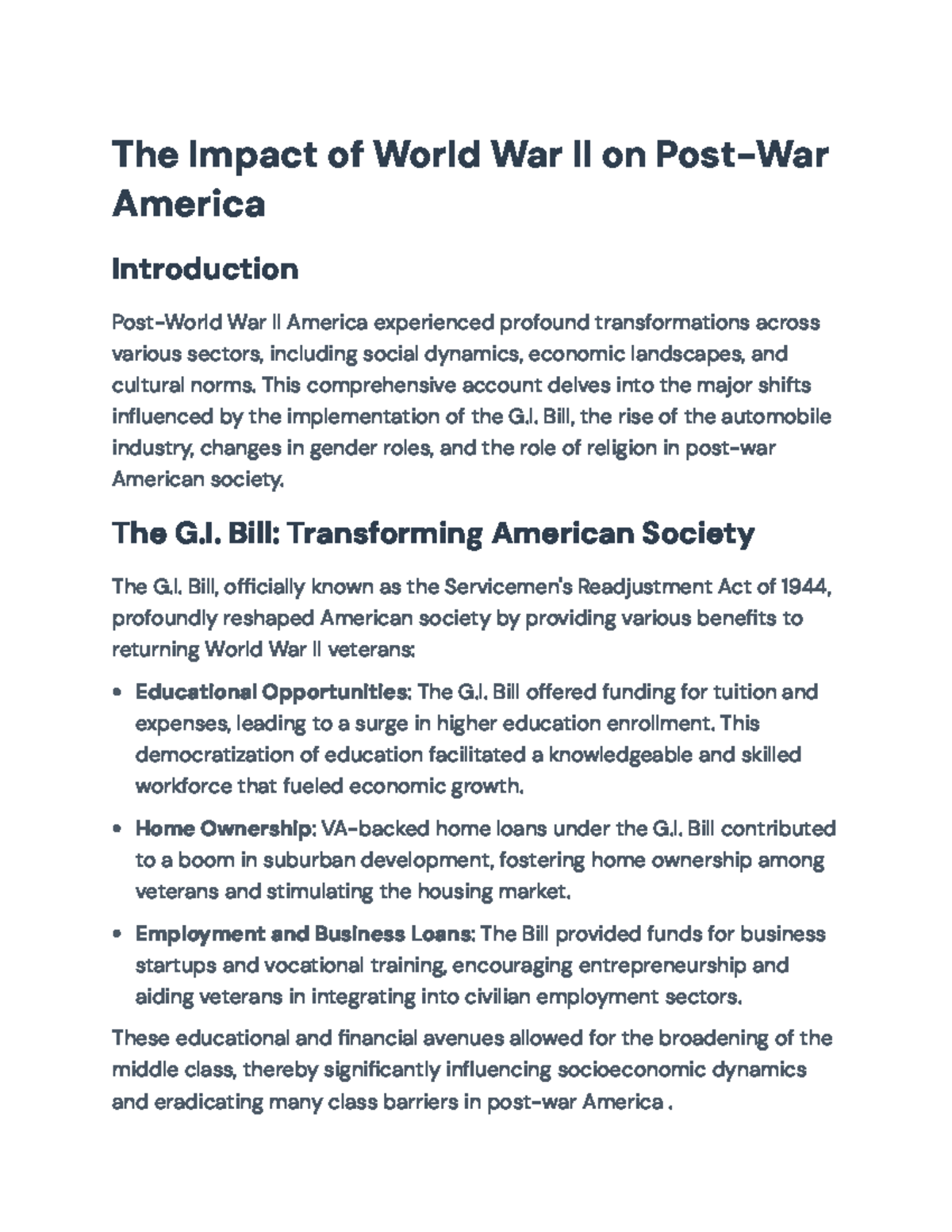 The G.I. Bill and Cultural Transformations in Post-WWII America - Studocu