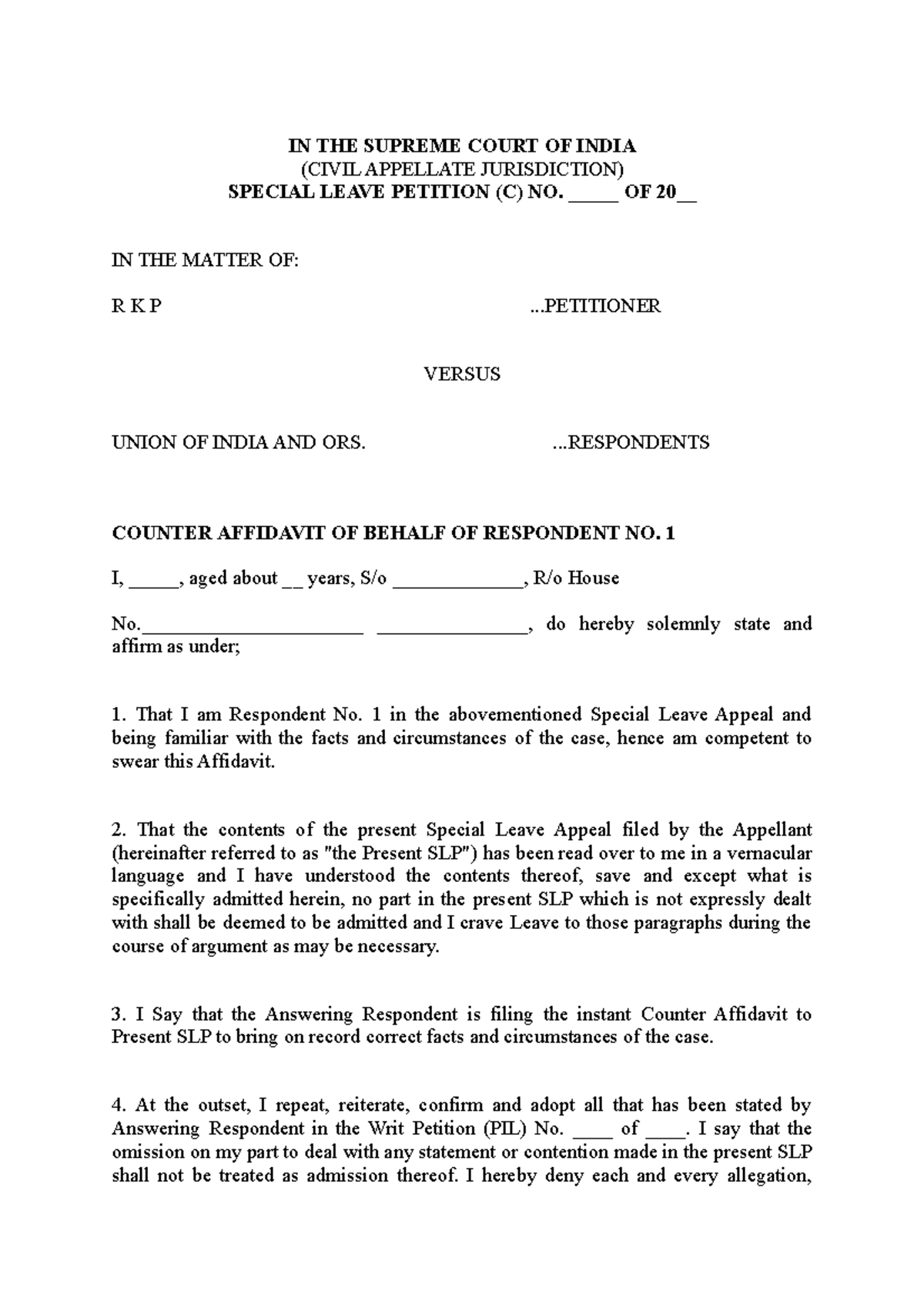 Counter Affidavit Template for SLP under Article 136 - India - Studocu
