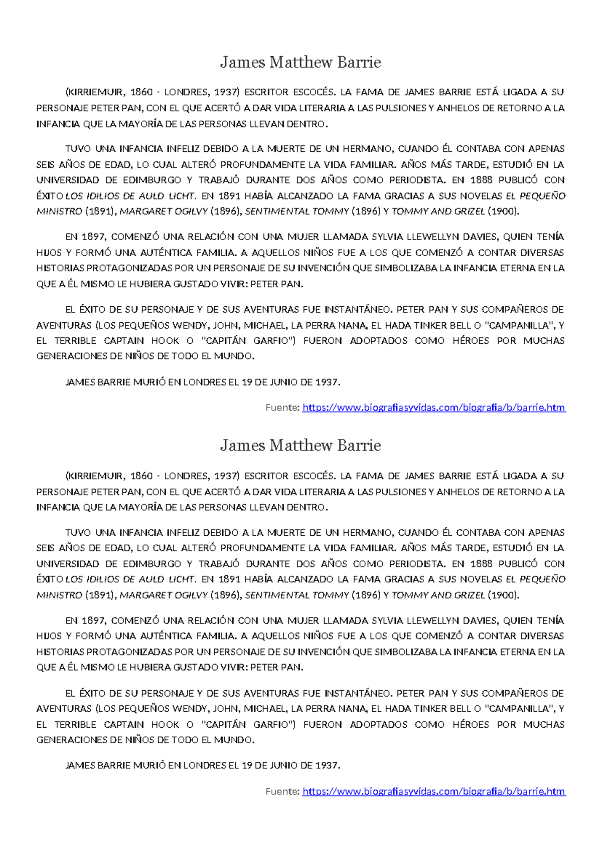 James Matthew Barrie Biografia Y Otras Actividades - James Matthew ...