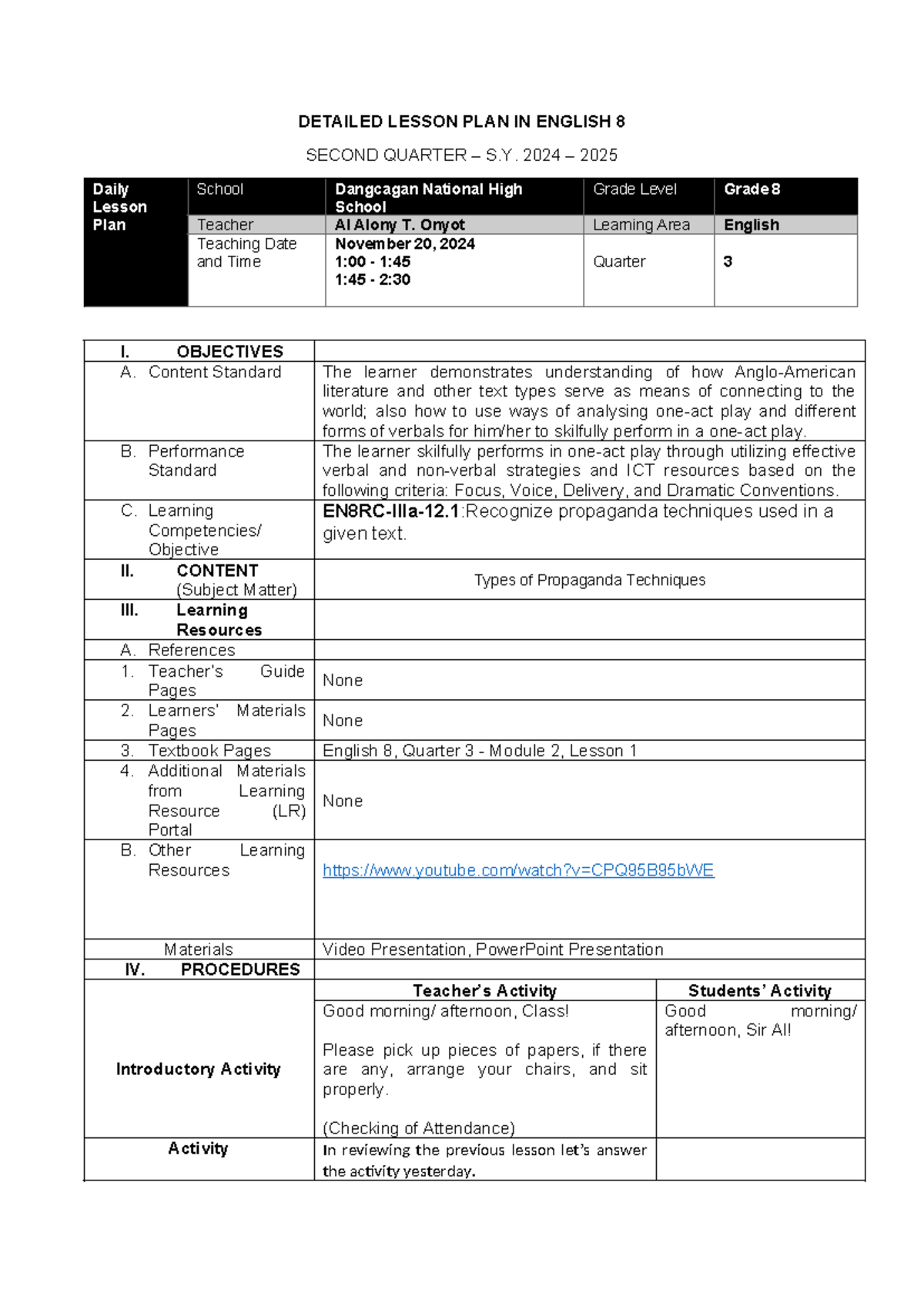 Lesson Plan EN8: Understanding Propaganda Techniques in Texts - Studocu