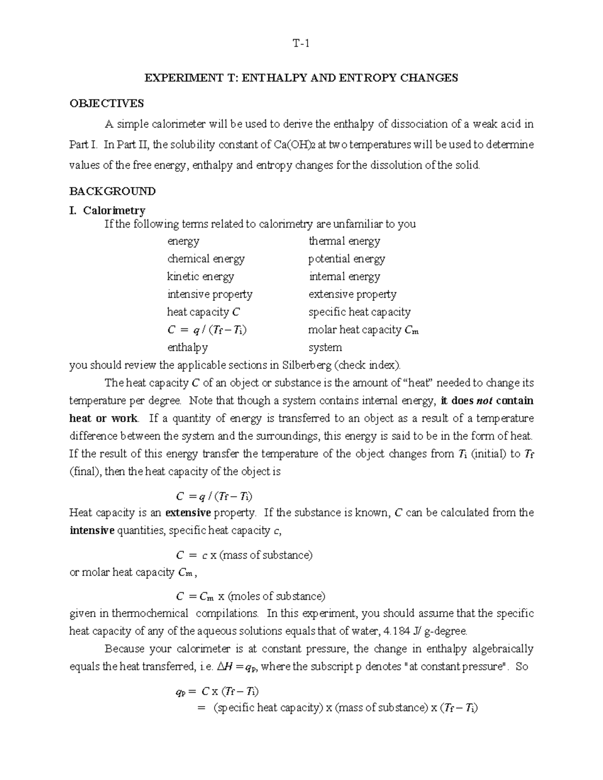 Experiment T: Enthalpy & Entropy Changes - Chem 102 Lab Assignments ...