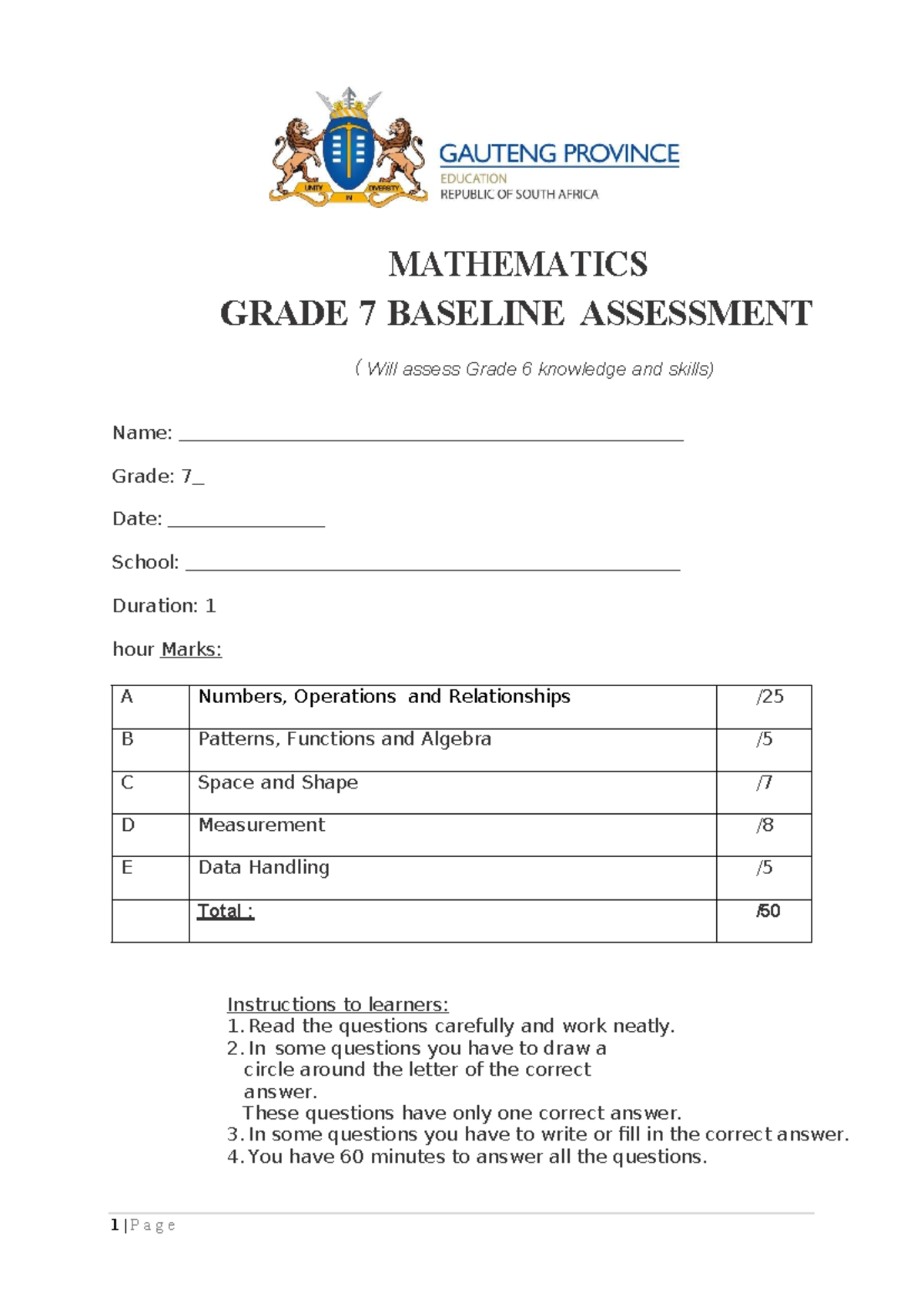 Grade 7 Mathematics Baseline Assessment 2017 - Studocu