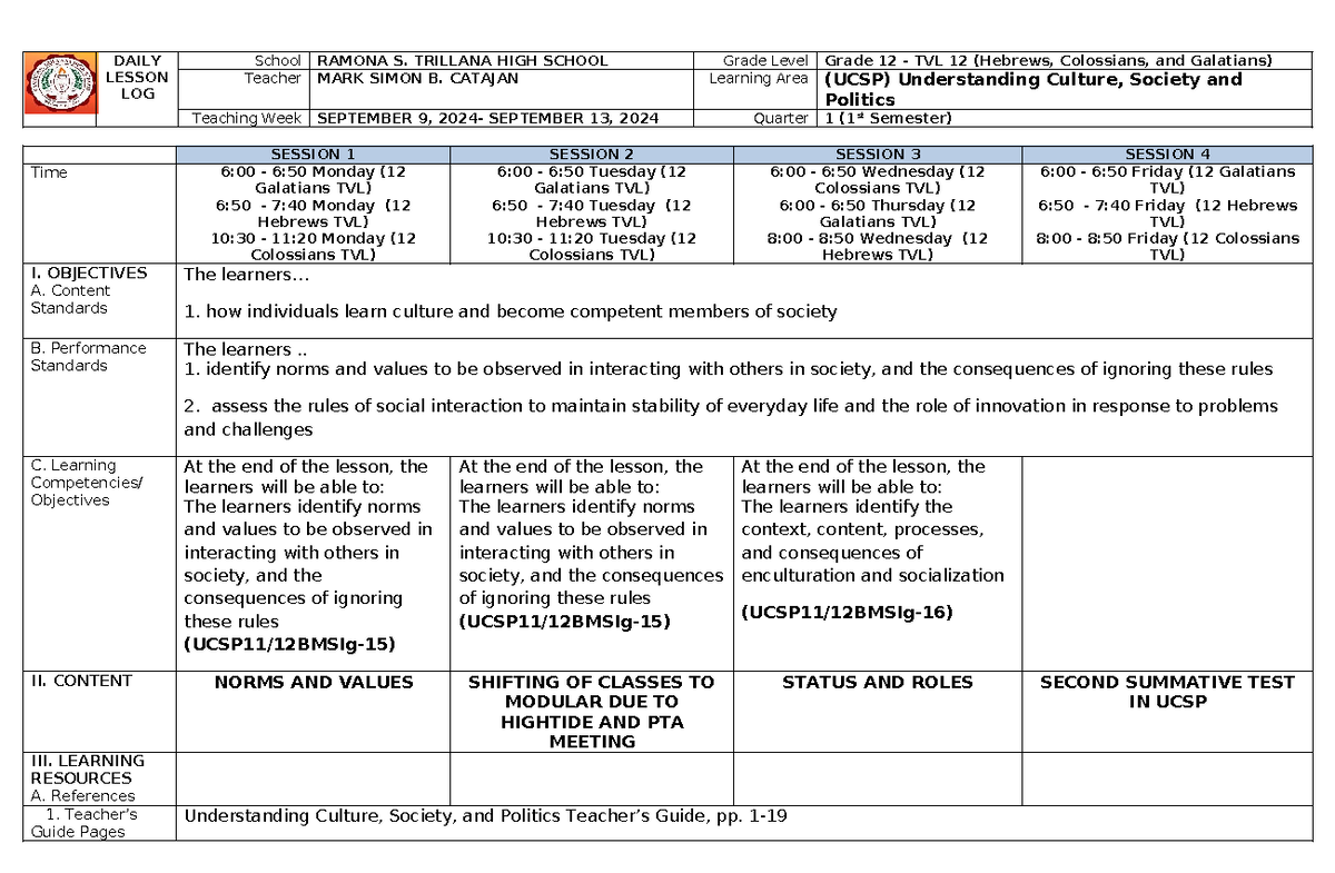 UCSP DLL WEEK 8 LESSON PLAN (SEPTEMBER 9-13, 2024) - Studocu