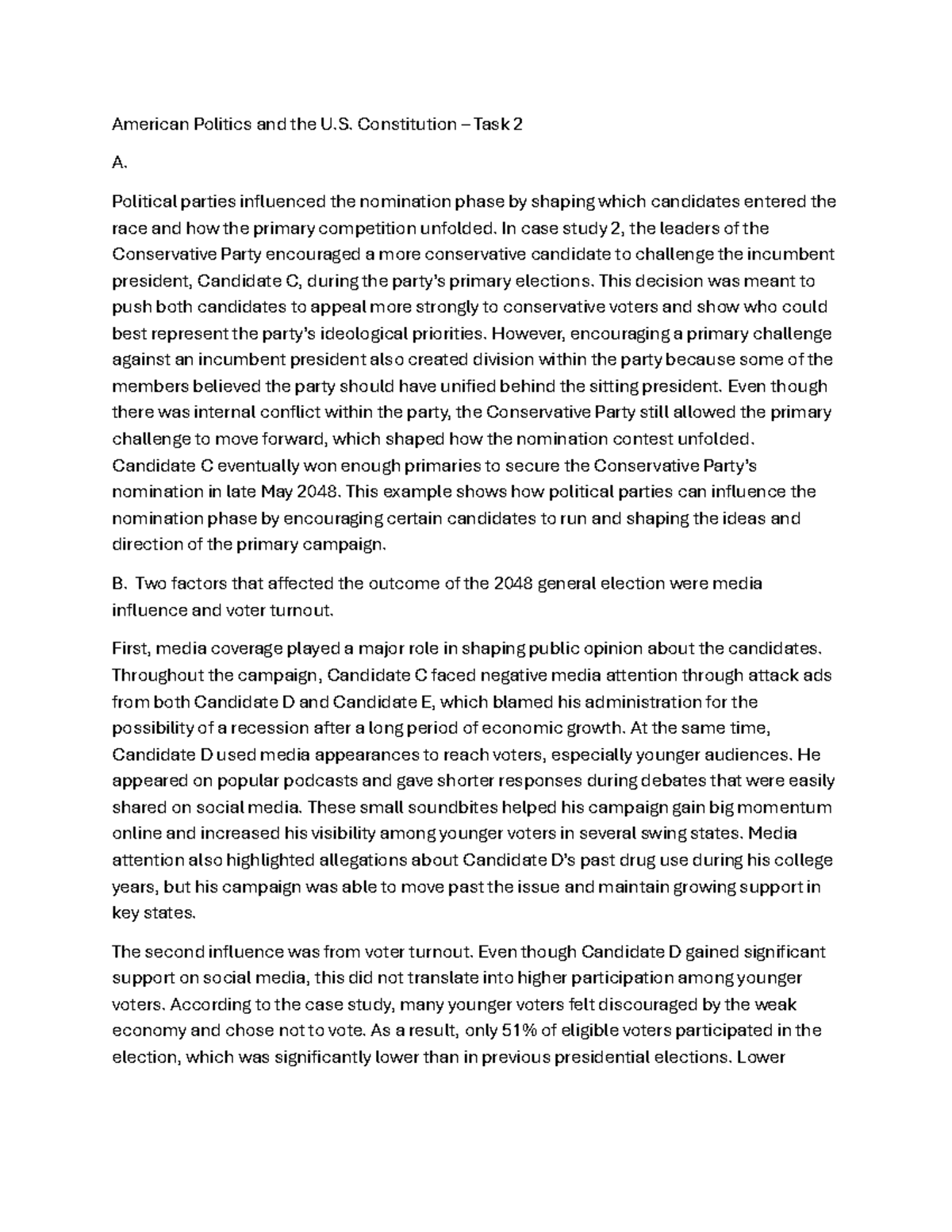 American Politics and the U.S. Constitution Task 2: Election Influences ...