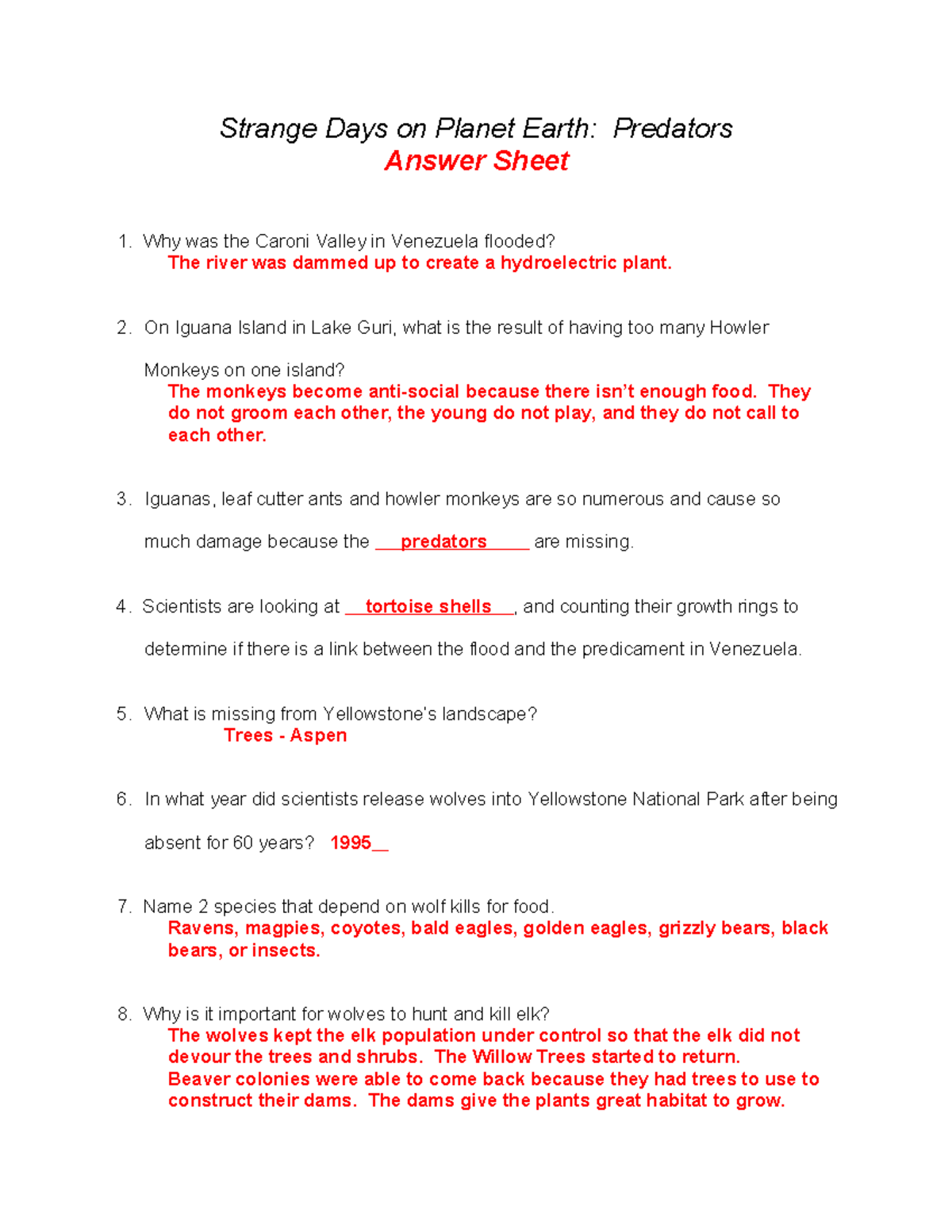 Strange Days on Planet Earth: Predators - Answer Key - Studocu