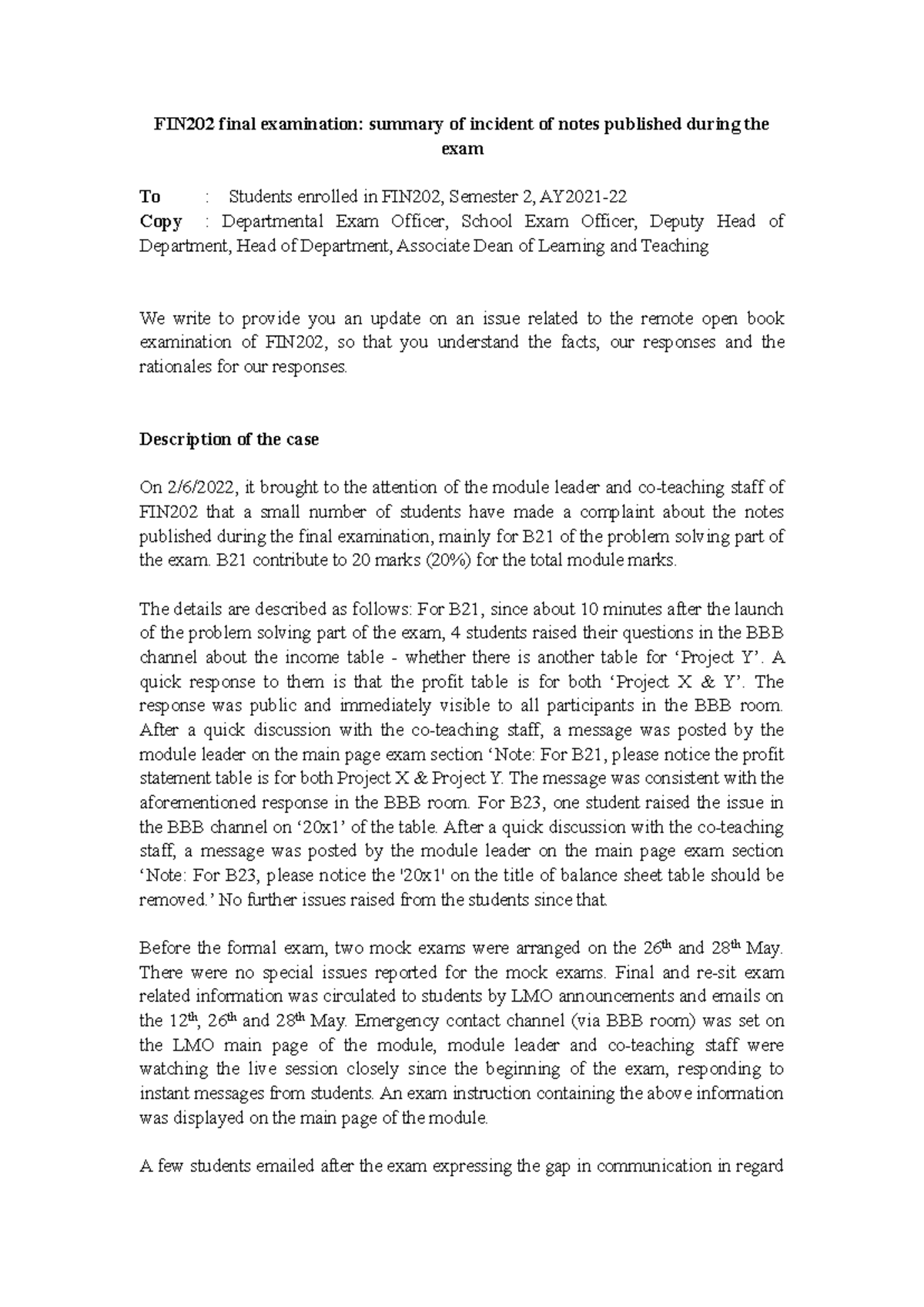 FIN202 Final Exam Incident Summary: Key Updates and Responses - Studocu