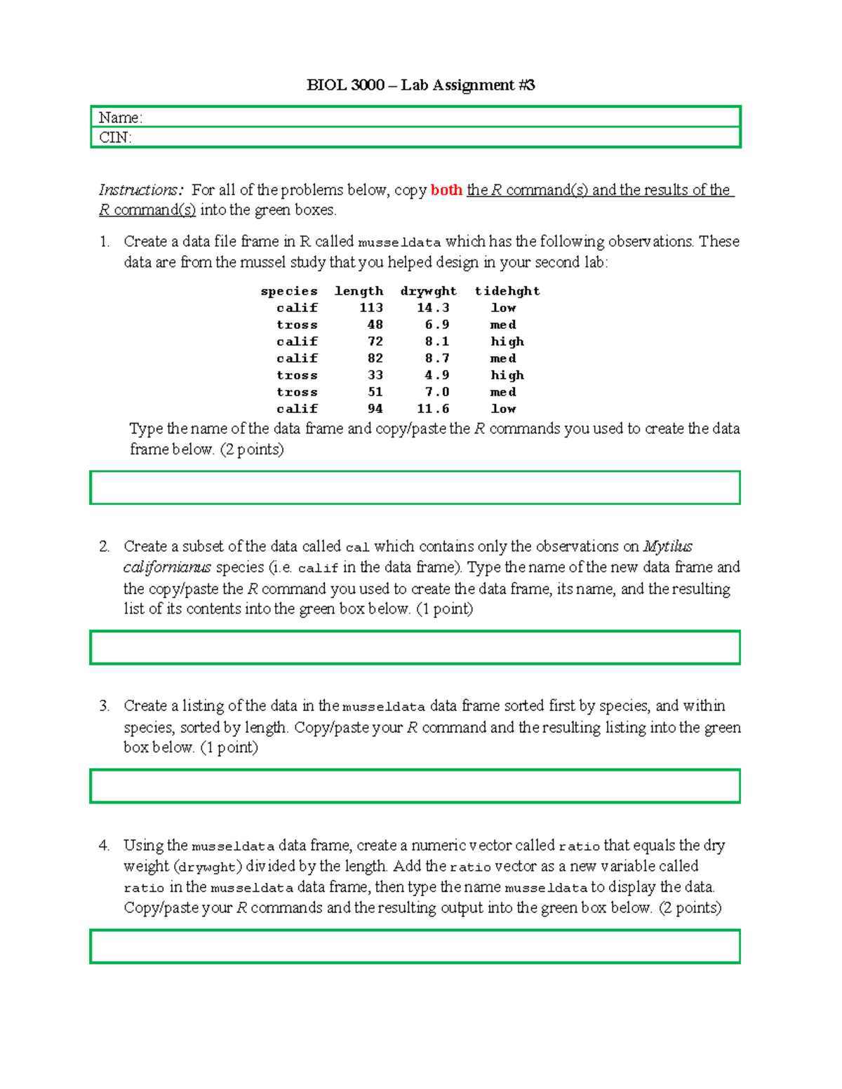 Lab Assignment 3 - BIOL 3000 R Data Analysis Instructions - Studocu