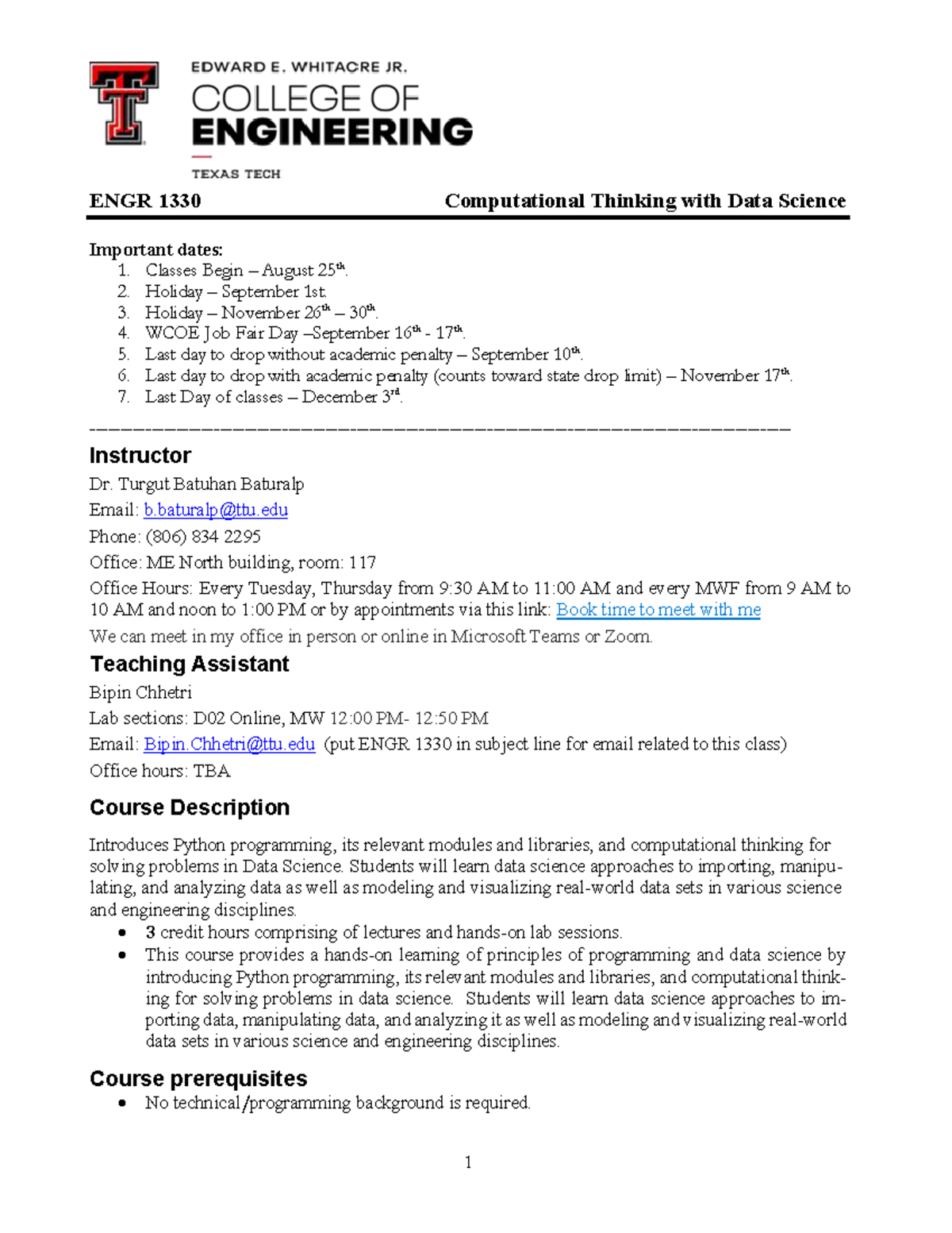 ENGR 1330 Syllabus: Computational Thinking & Data Science Fall 2025 - Studocu
