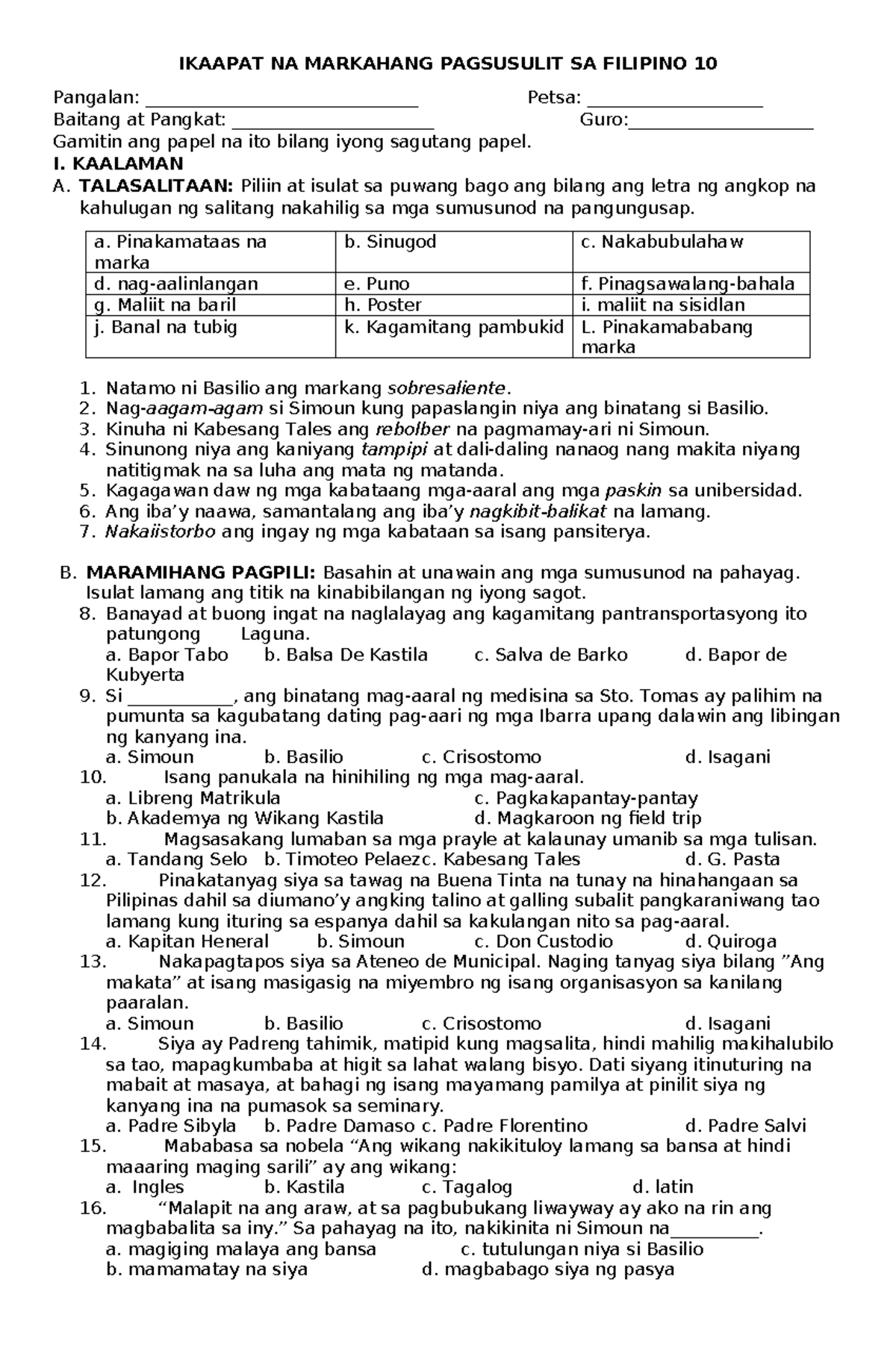 Ikaapat na Markahang Pagsusulit sa Filipino 10: Comprehensive Review ...