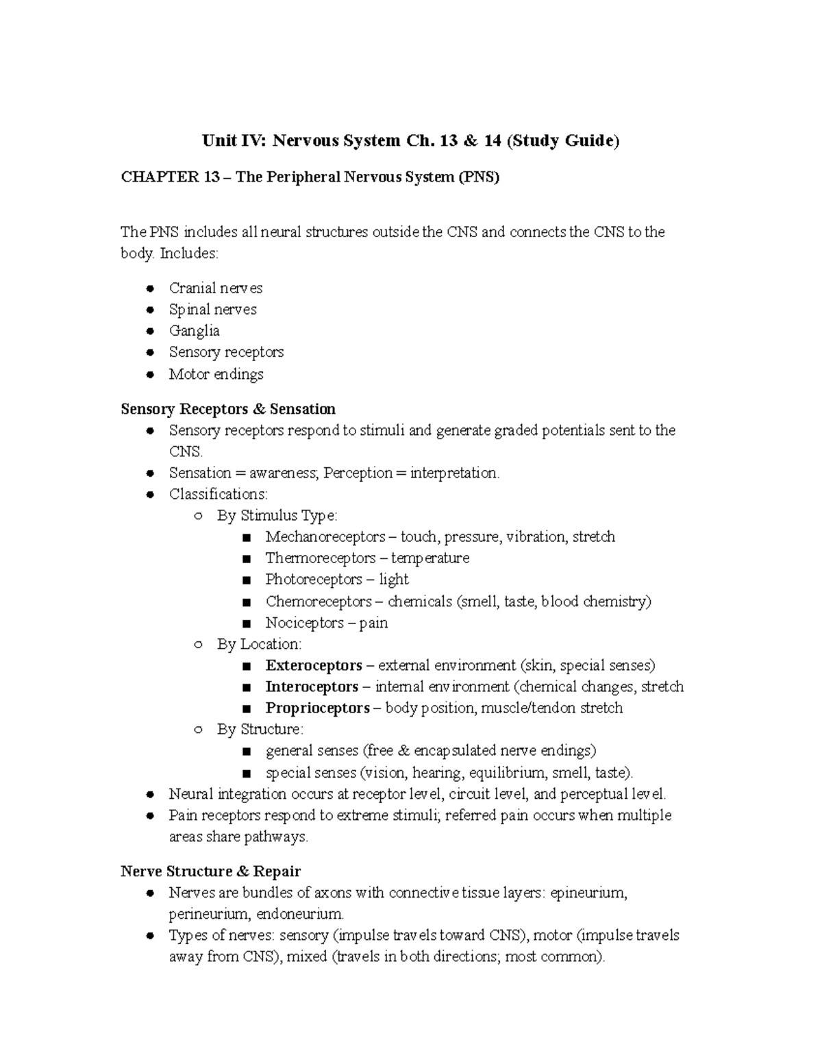 Unit IV: Nervous System Study Guide - Ch. 13 & 14 - Studocu