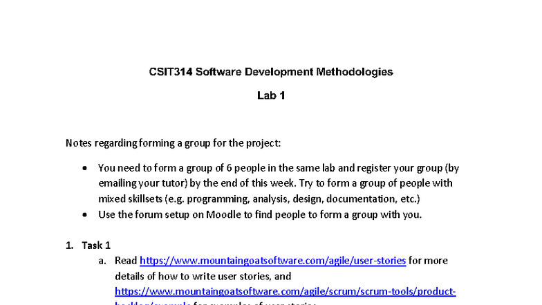 CSIT314 Software Development Methodologies Lab 1 Group Formation Notes ...
