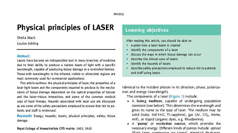 Physical Principles and Medical Applications of Lasers (PHYSICS) - Studocu