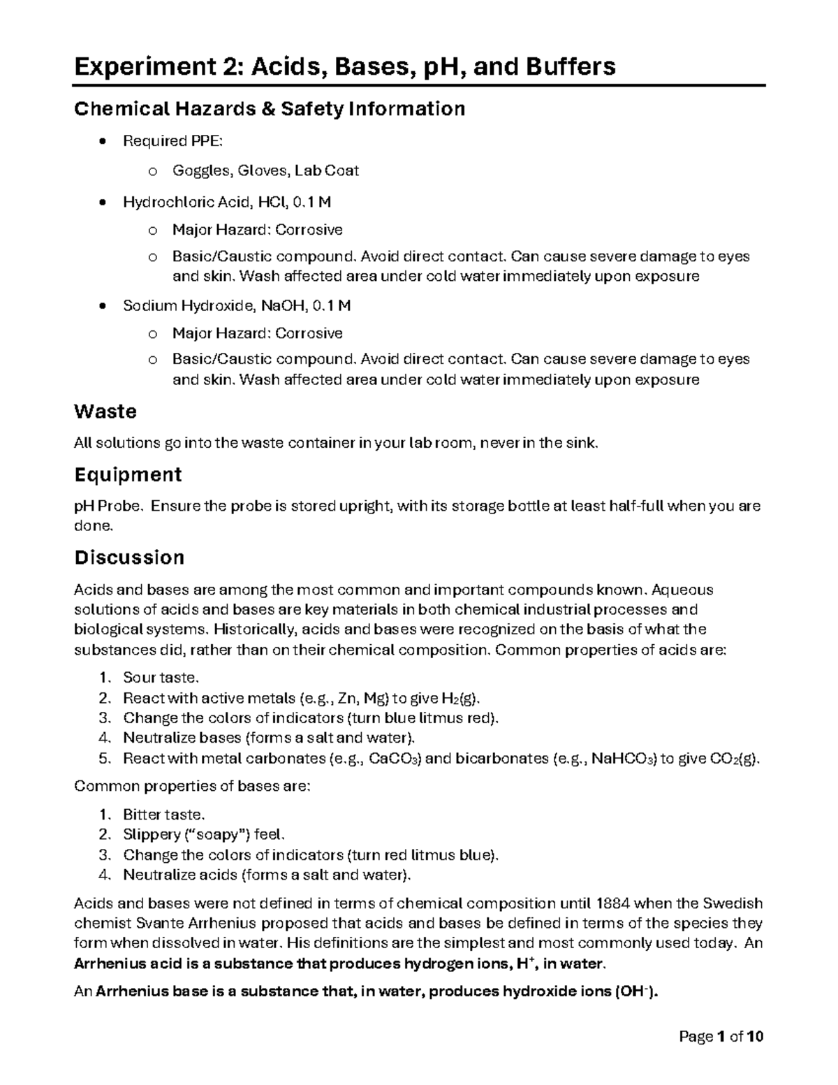 Experiment 2: Acids, Bases, pH, and Buffers Safety Guidelines and Procedures - Studocu
