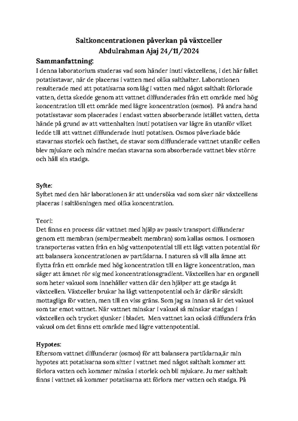 Bi2 Lab1 Abdulrahman-Ajaj - Saltkoncentrationen påverkan på växtceller ...