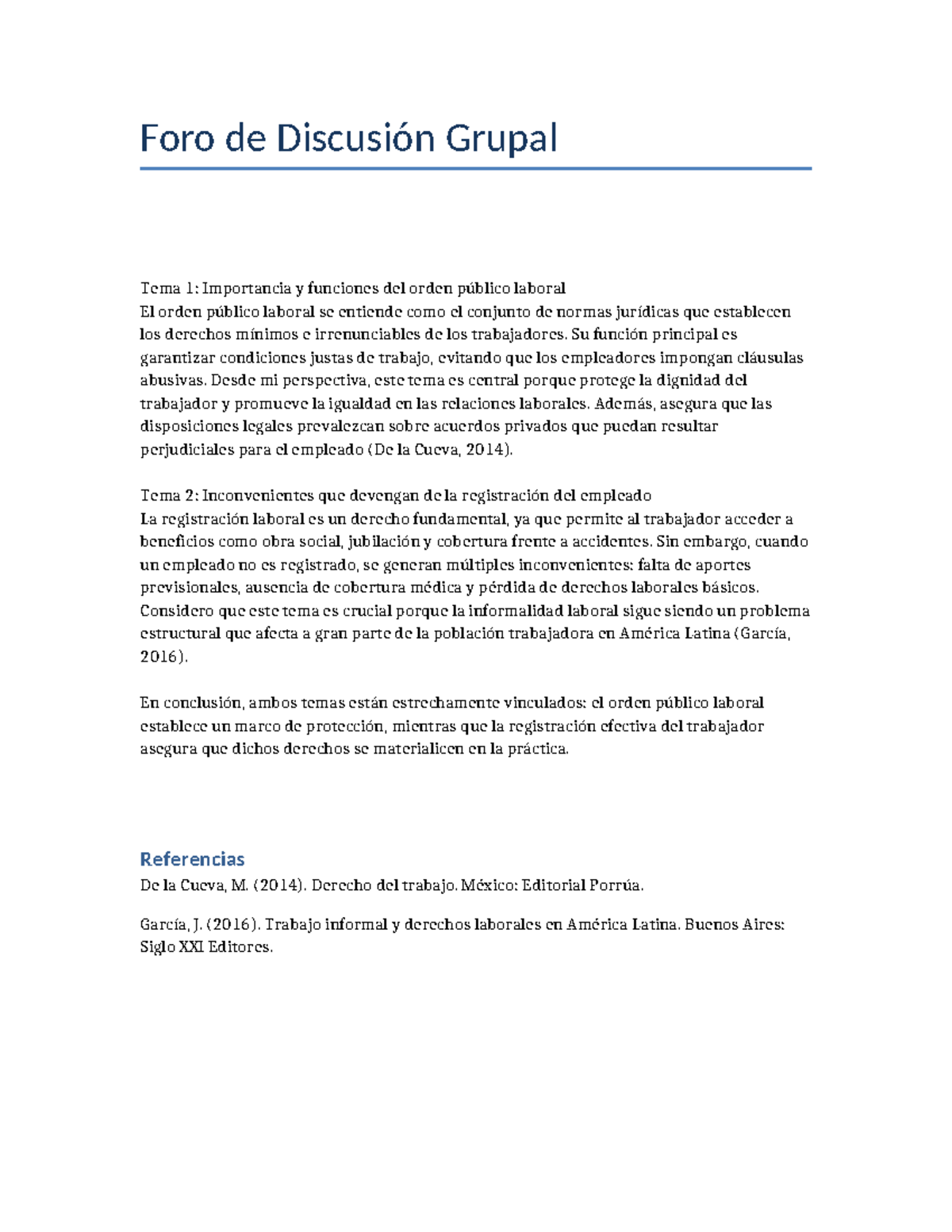 Foro de Discusión Grupal: Orden Público Laboral y Registración - Studocu